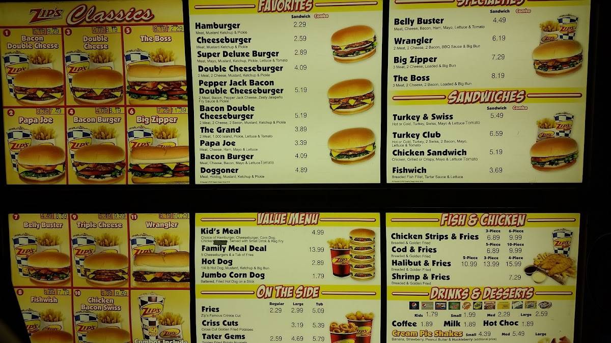 Menu at Zip's Drive In restaurant, Rathdrum