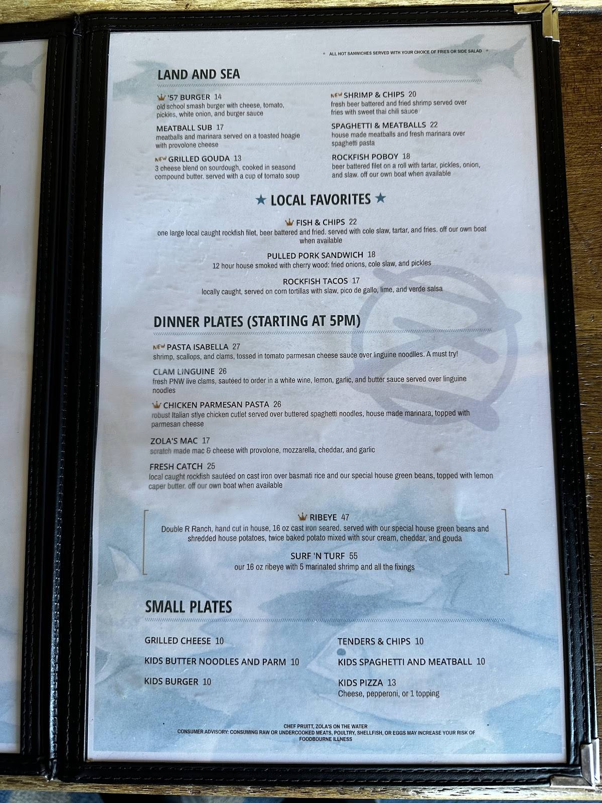 Menu at Zola's on the Water pub & bar, Brookings