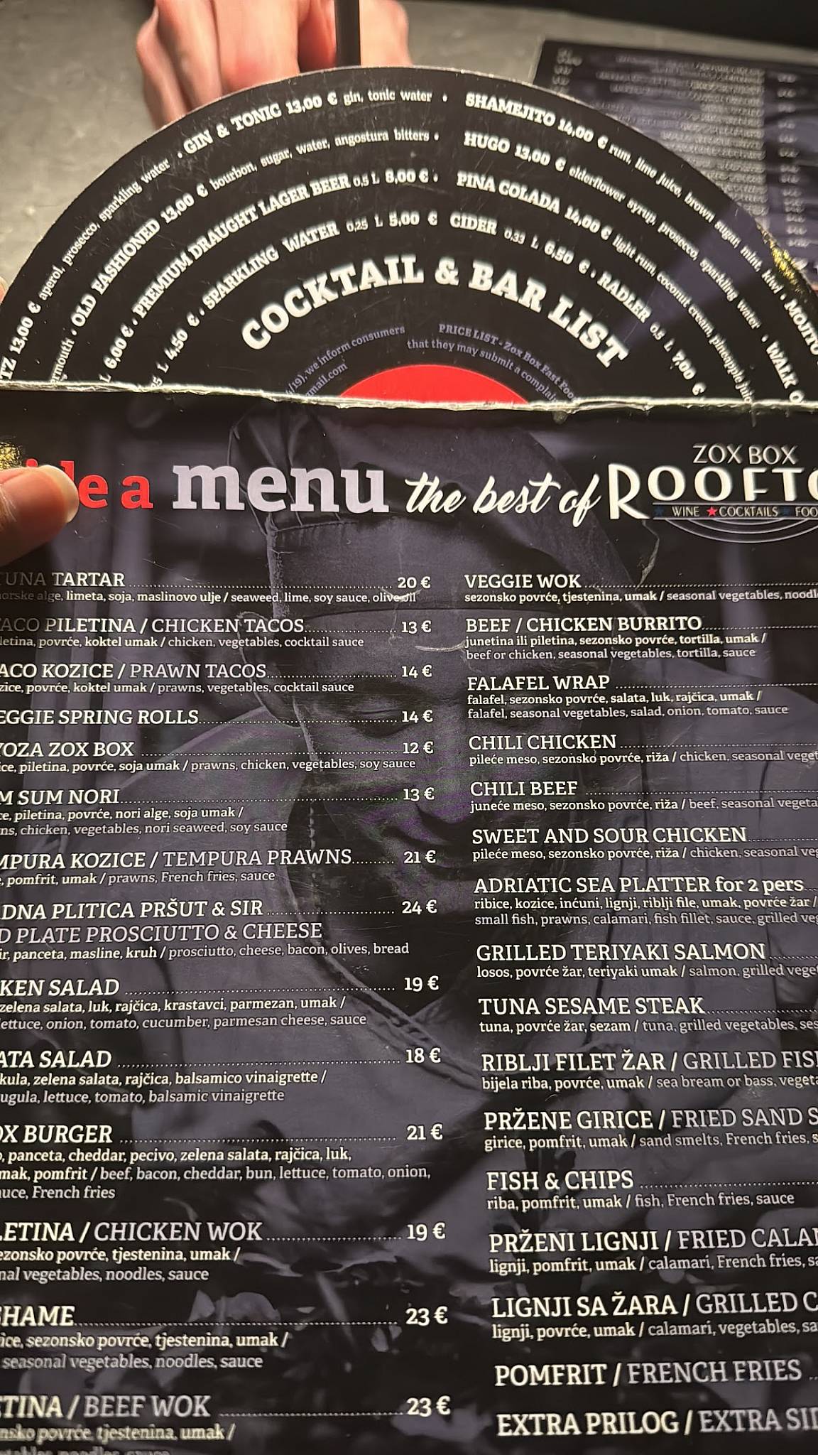 Menu at Zox Box restaurant, Dubrovnik