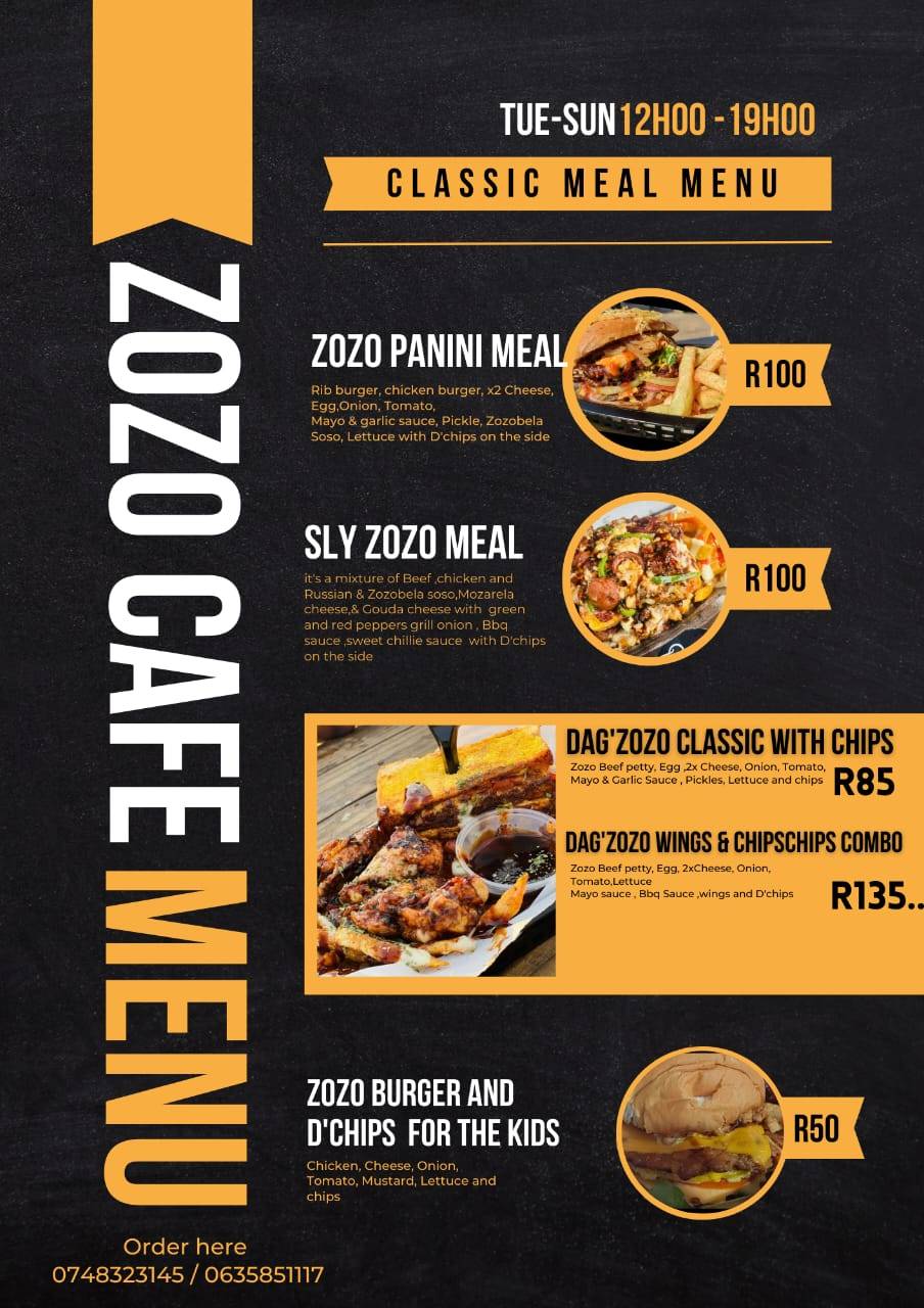 Menu at Zozo Cafe Westpark, Pretoria