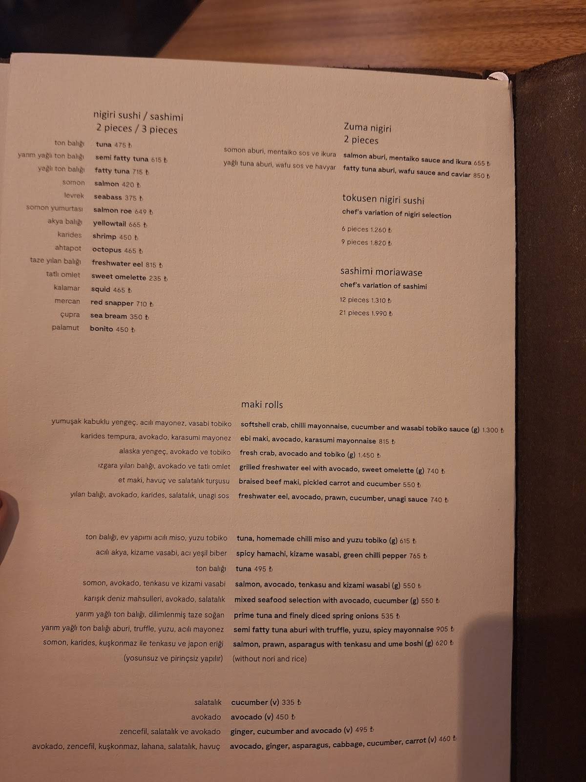 Menu at Zuma Istanbul, Maslak Mahallesi, İstinye Mahallesi Bayır Çıkmazı
