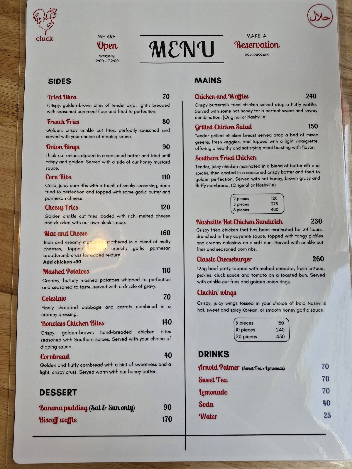 Menu at cluck restaurant, Chiang Mai