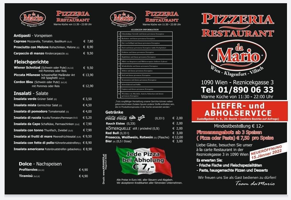 Speisekarte von "da Mario" Pizzeria Restaurant - 1090 Wien, Wien