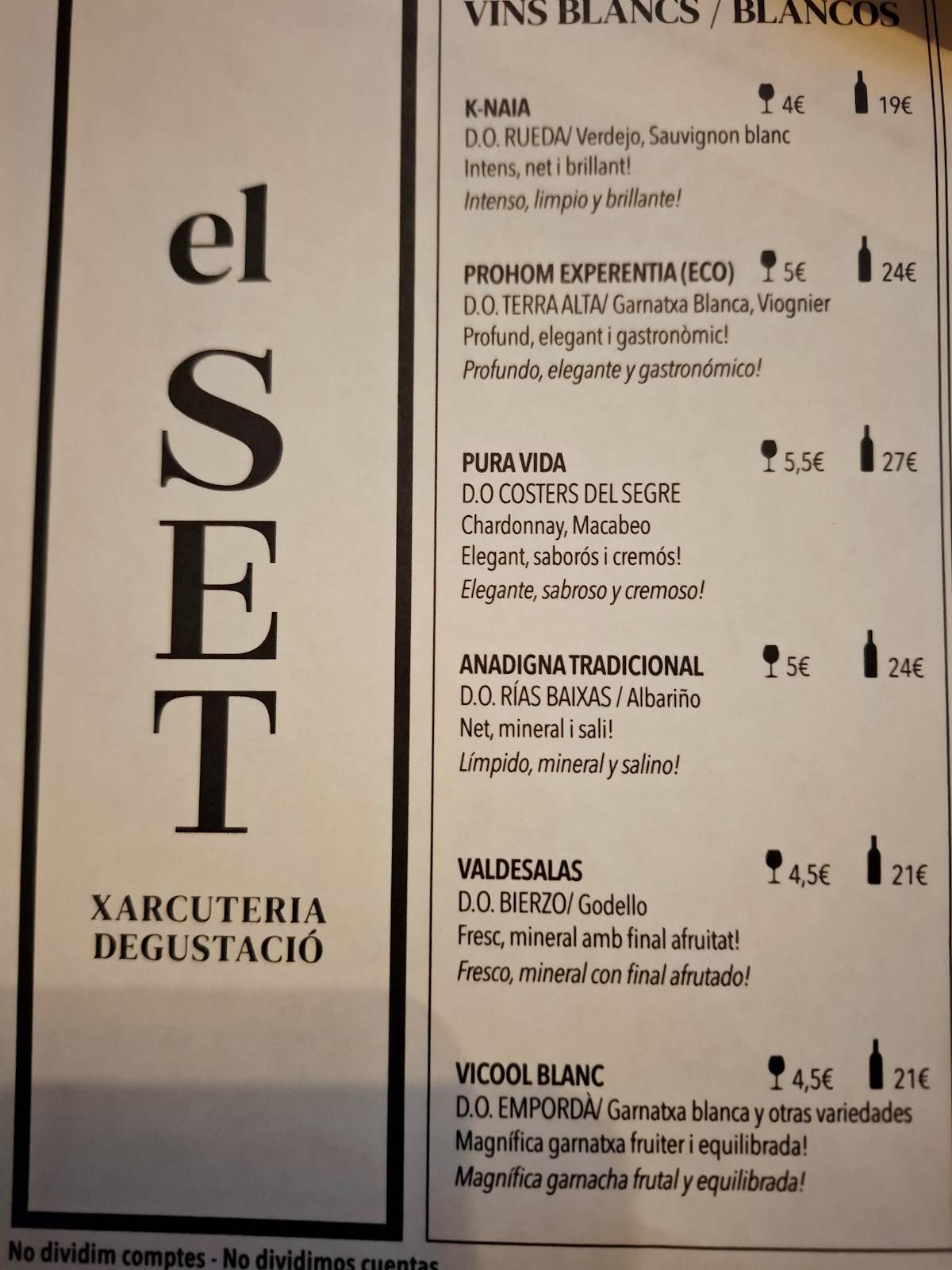 Menu at el SET restaurant, Barcelona, Carrer de l'Esparteria