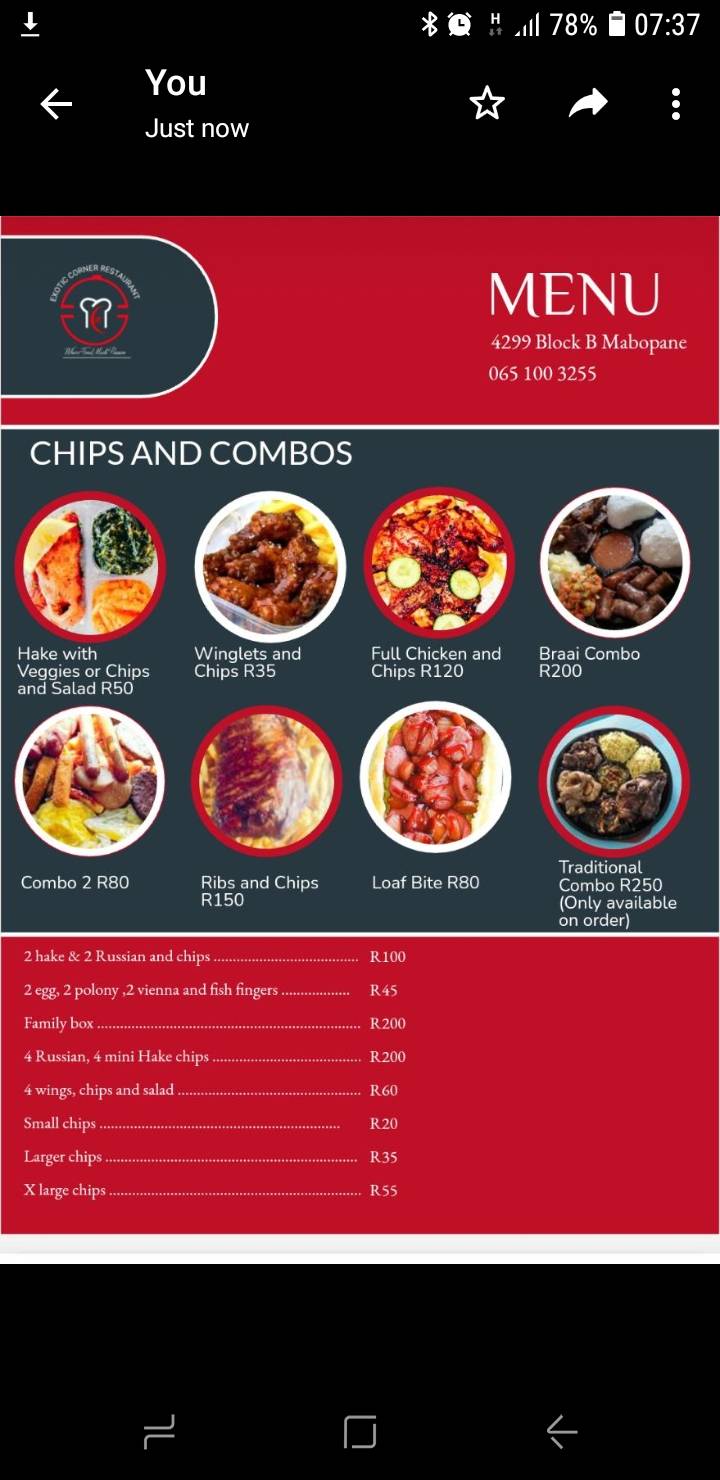 Menu at exotic corner restaurant and pub, Mabopane, Block B