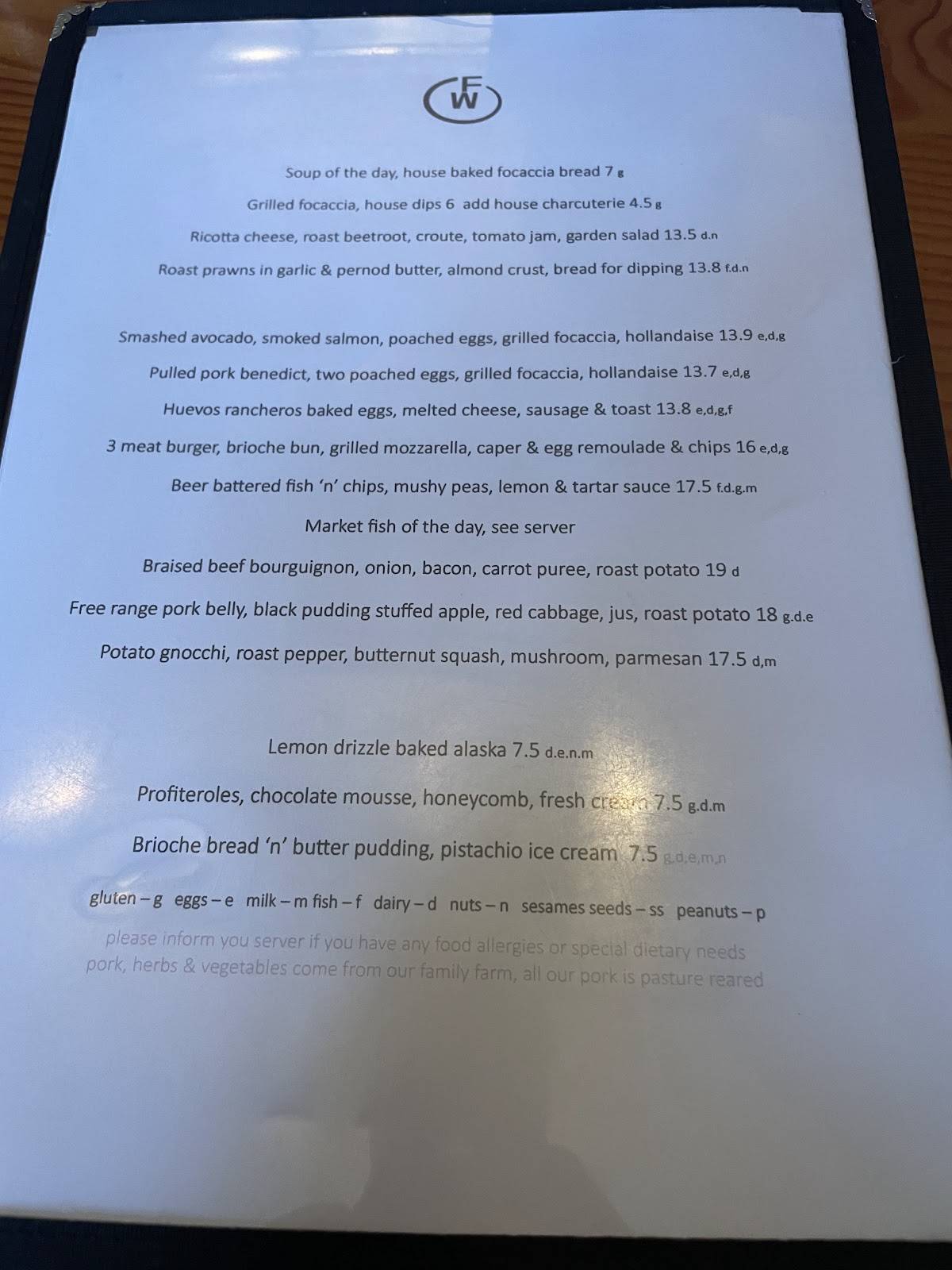 Menu at foodworks restaurant, Kilkenny
