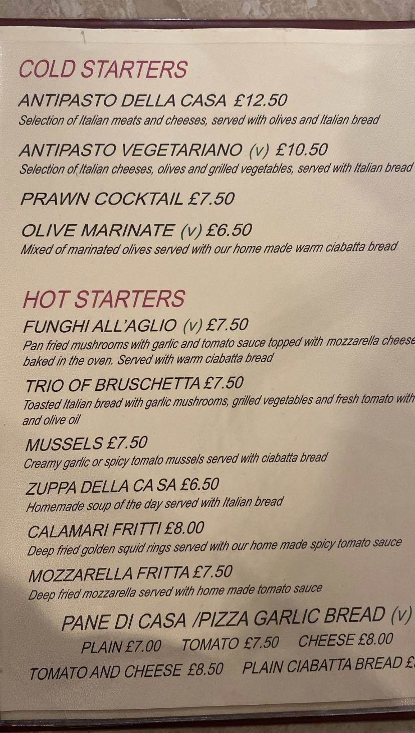 Menu at il Mulino restaurant, Bourne