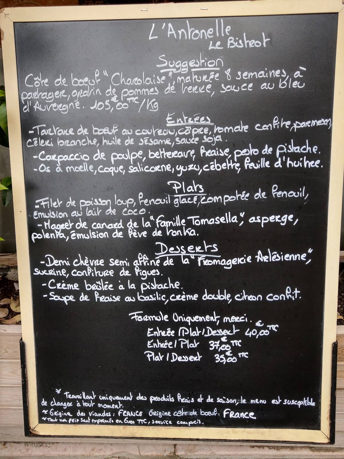 Menu at l'Antonelle le bistrot restaurant, Arles