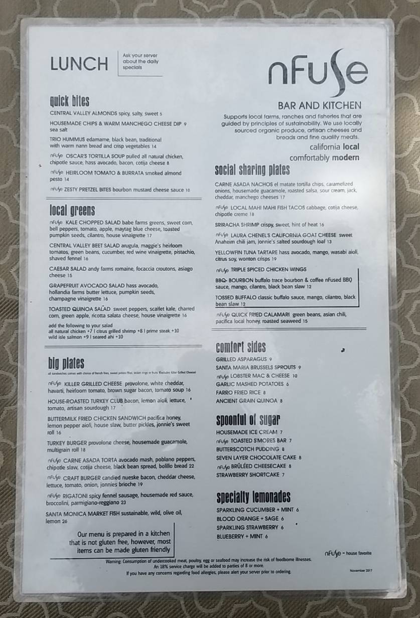 Menu at nFuse Restaurant, Bar & Lounge, Anaheim