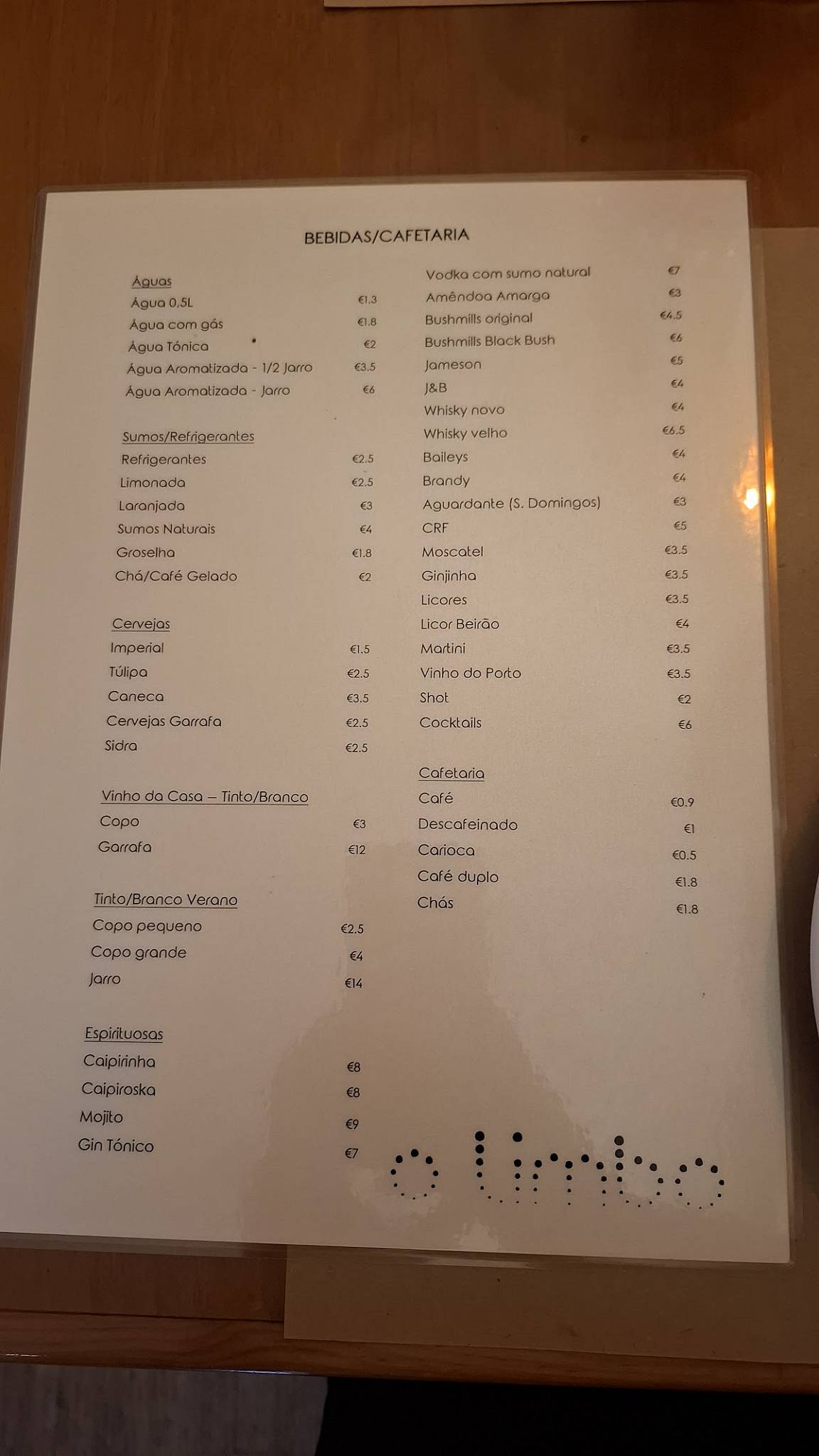Menu em o Limbo café, Lisboa