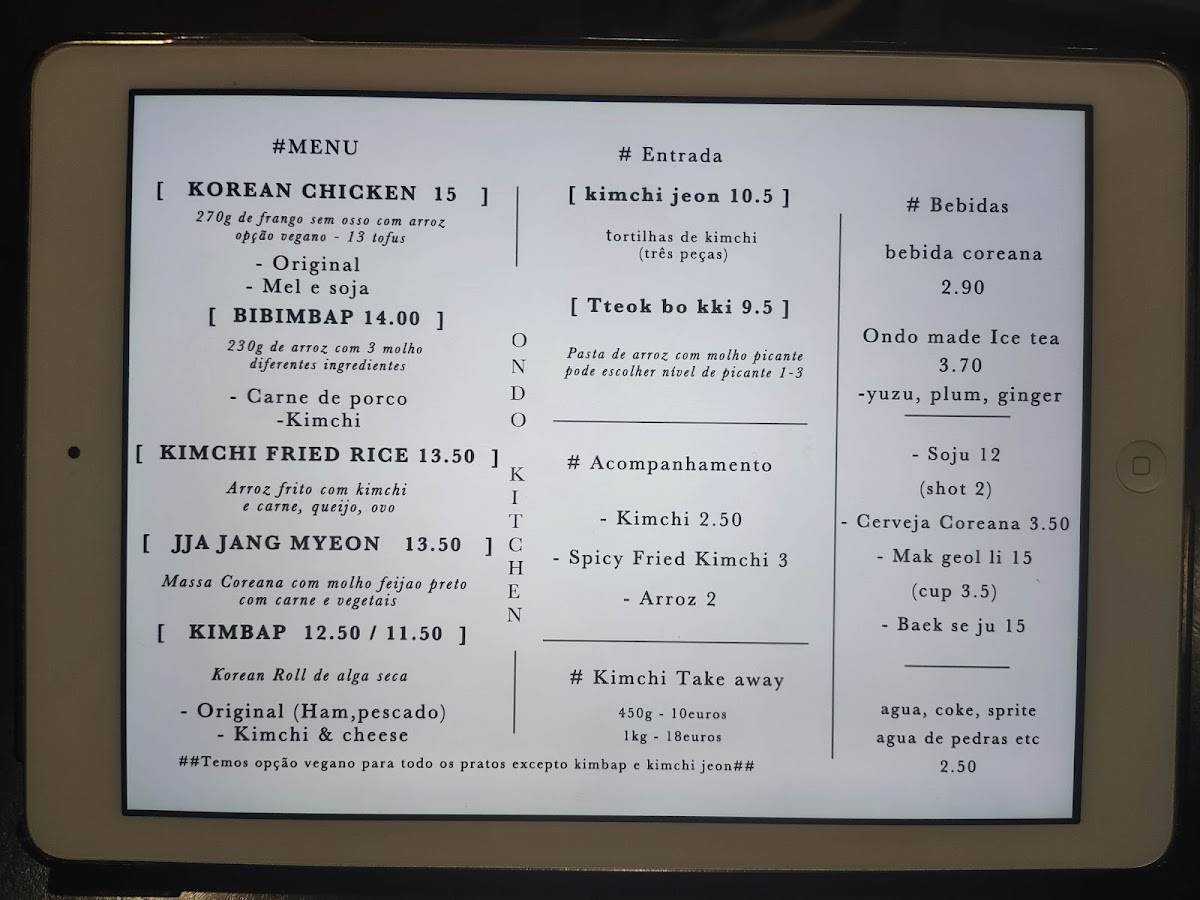 Menu at ondo korean kitchen restaurant, Porto