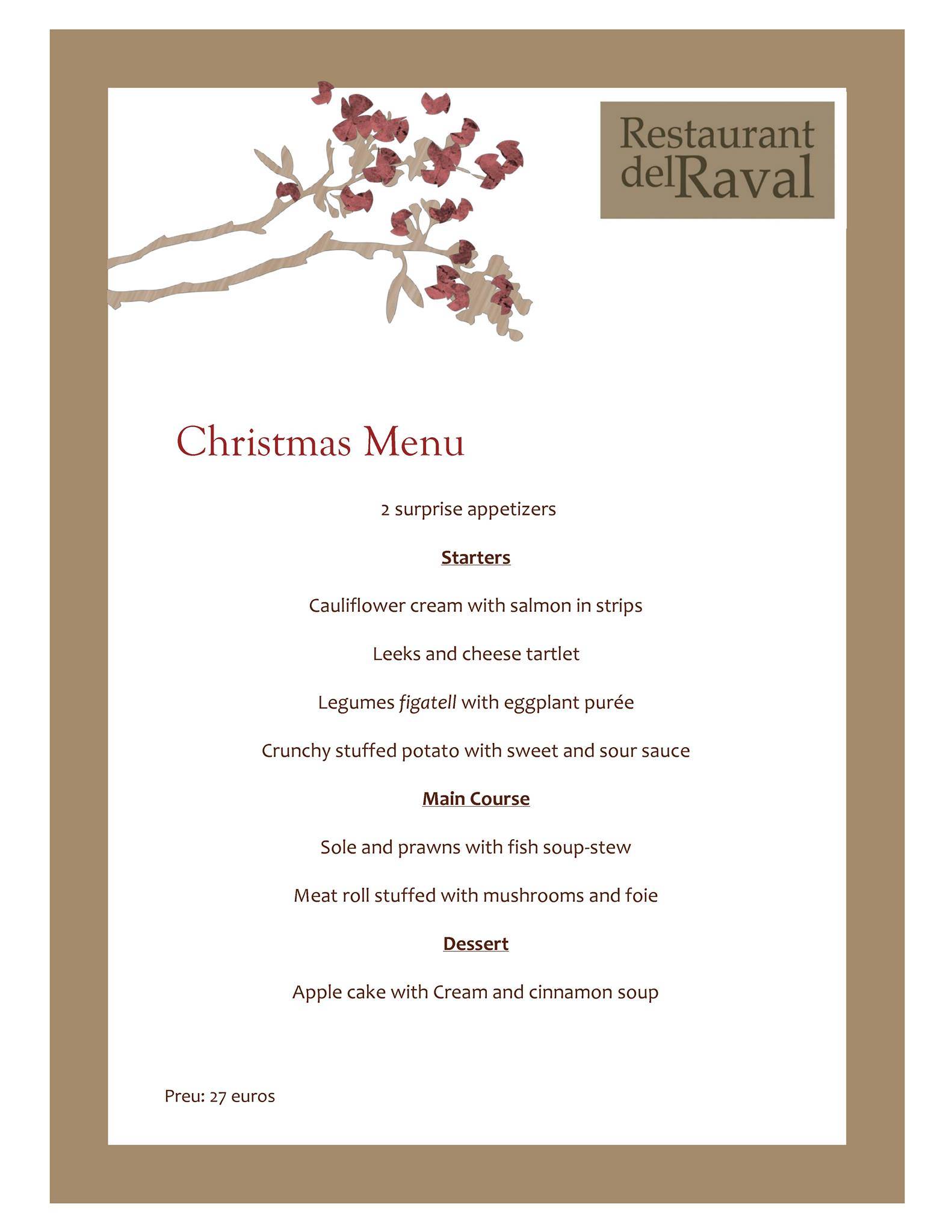 Menu at El Racó del Raval restaurant, Benissivà