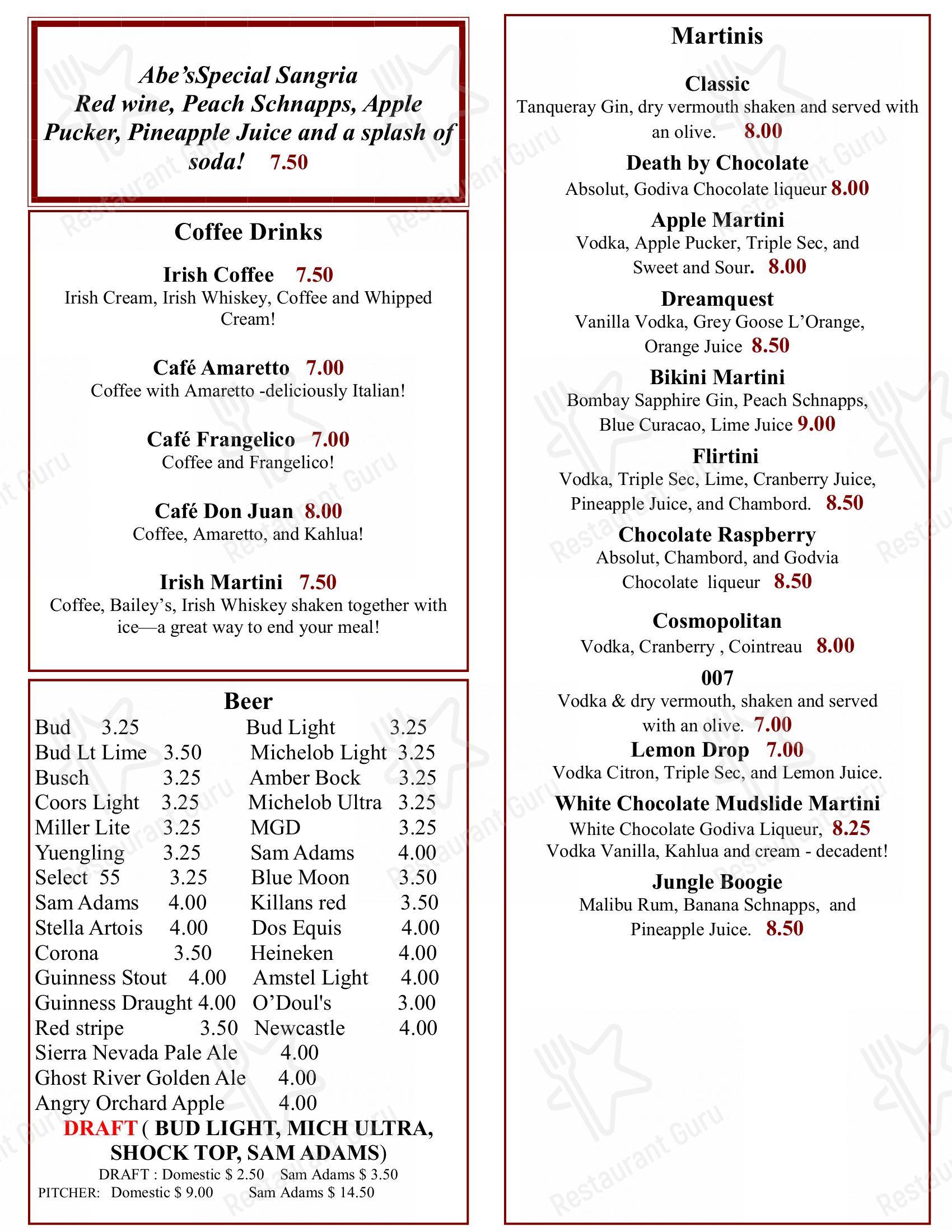 Menu at Abe's Rib-Eye Barn, Dyersburg