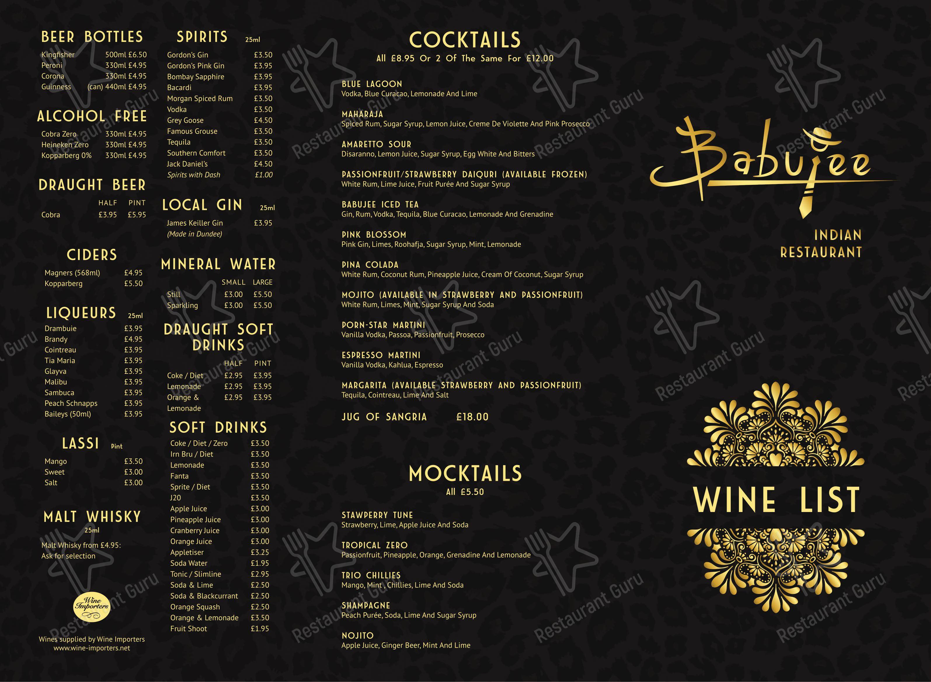 Menu at Babujee Tawa & Balti Restaurant, Dundee