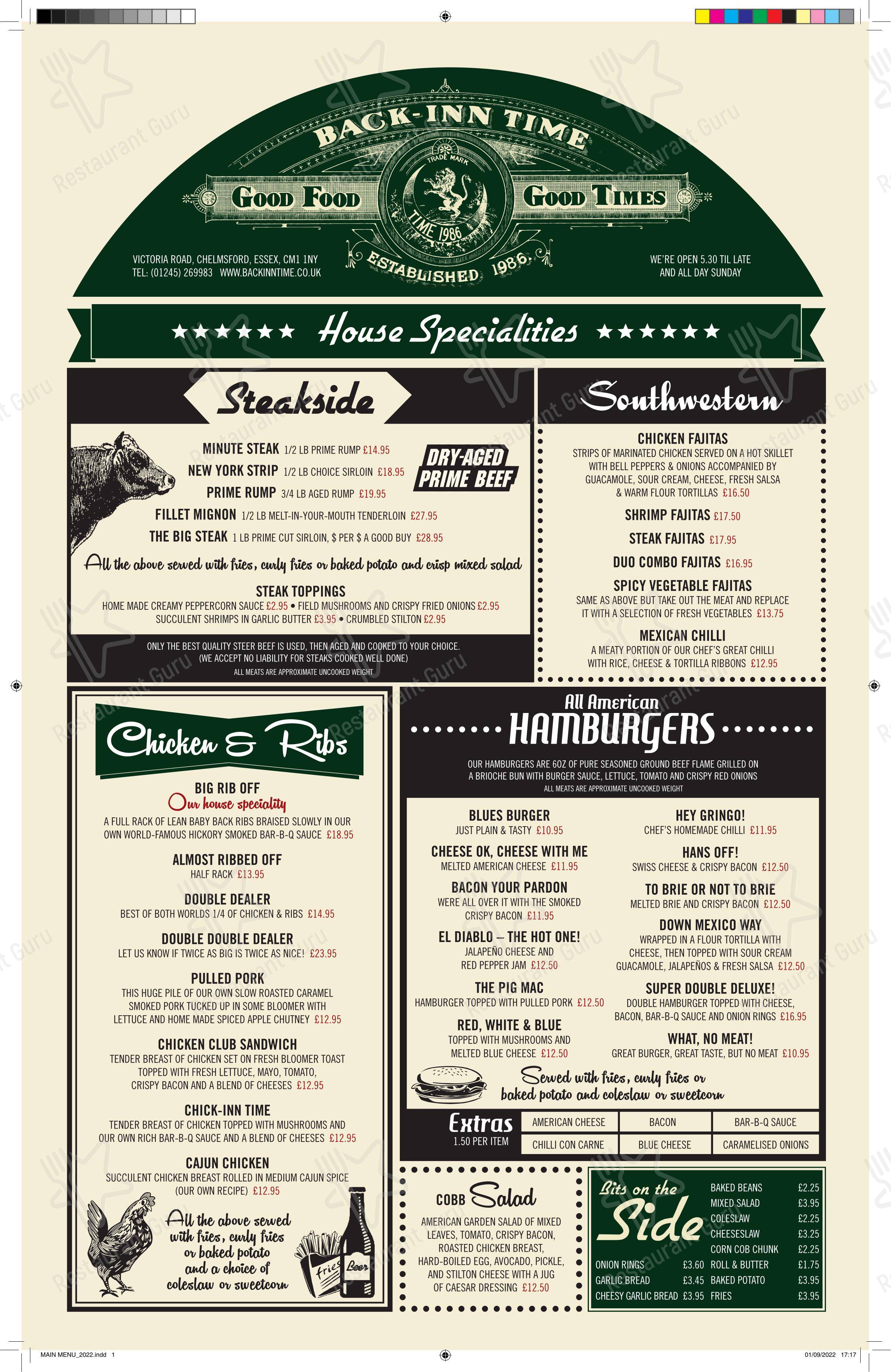 Menu at Back-Inn Time pub & bar, Chelmsford