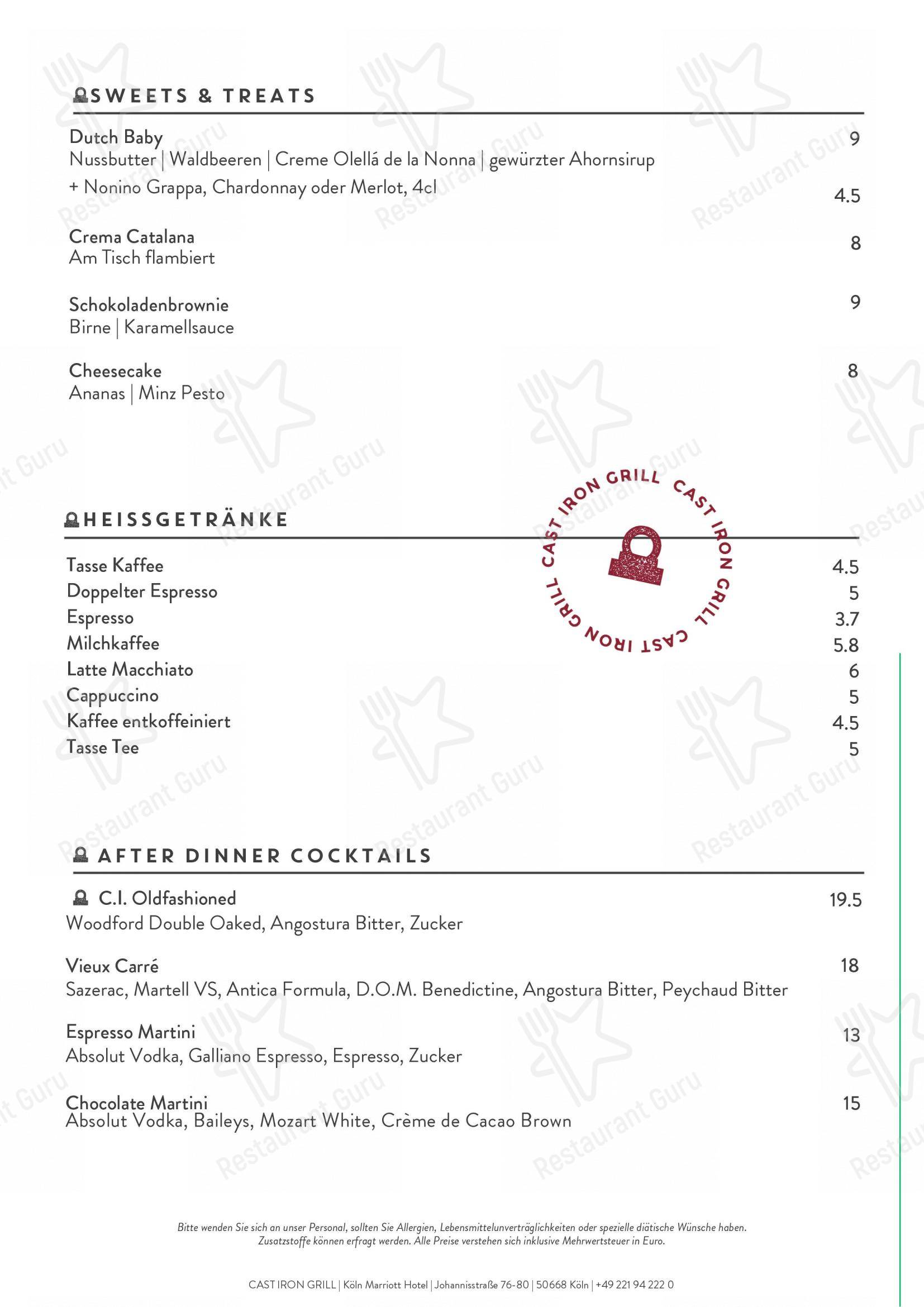 Menu au Cast Iron Grill (im Köln Marriott Hotel) restaurant, Cologne