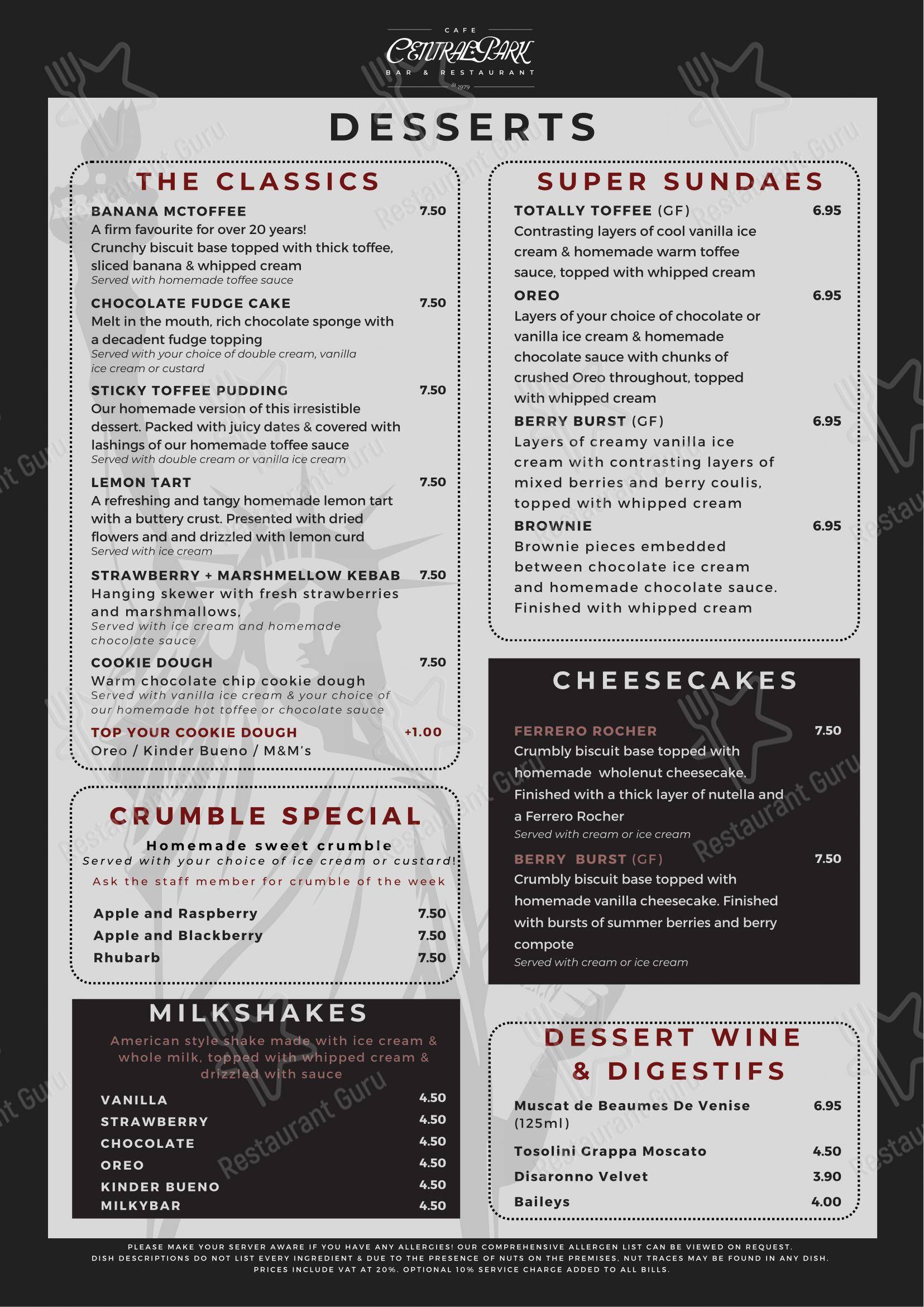 Menu at Central Park restaurant, Middlesbrough