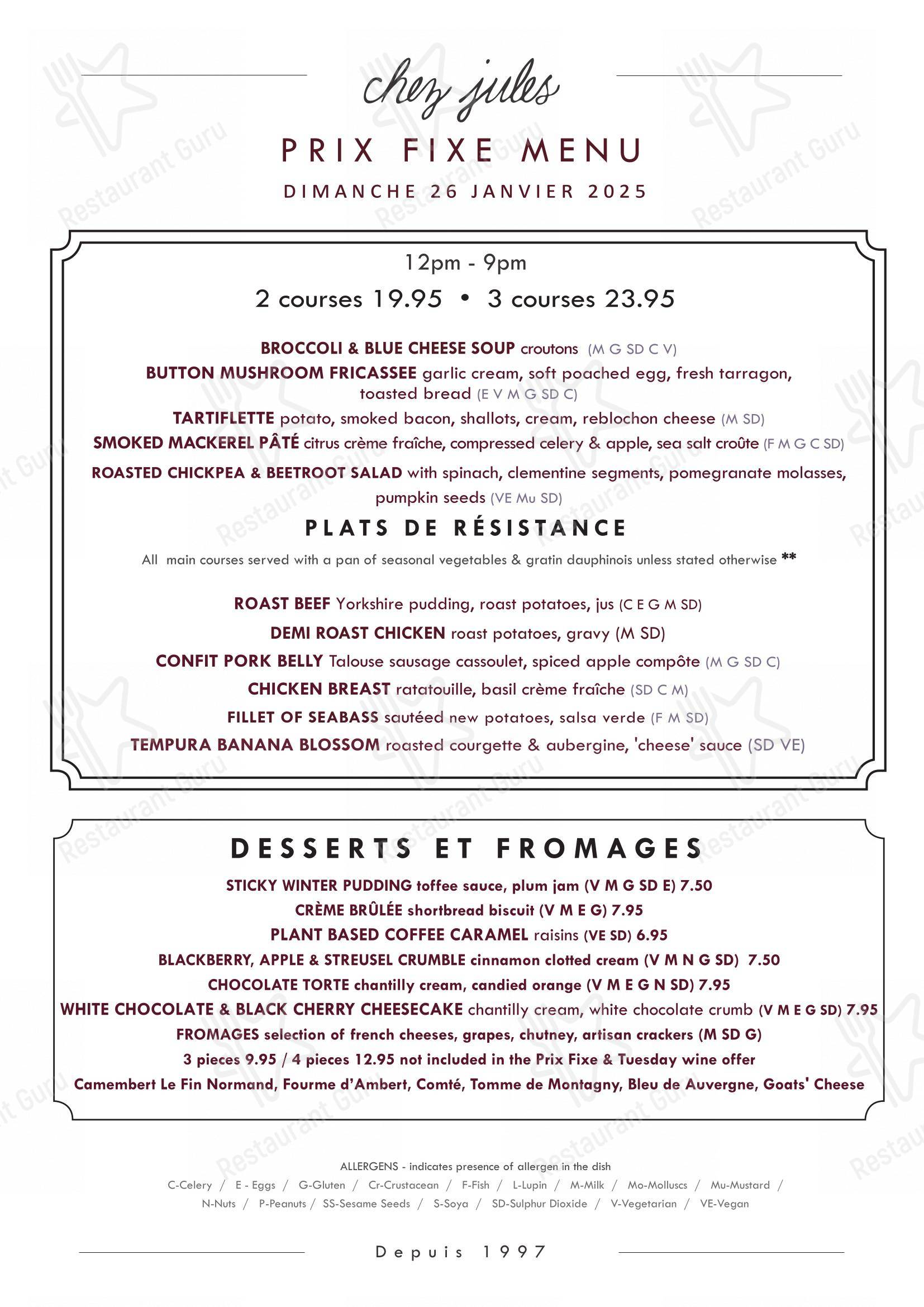 Menu at Chez Jules in Chester restaurant, Chester