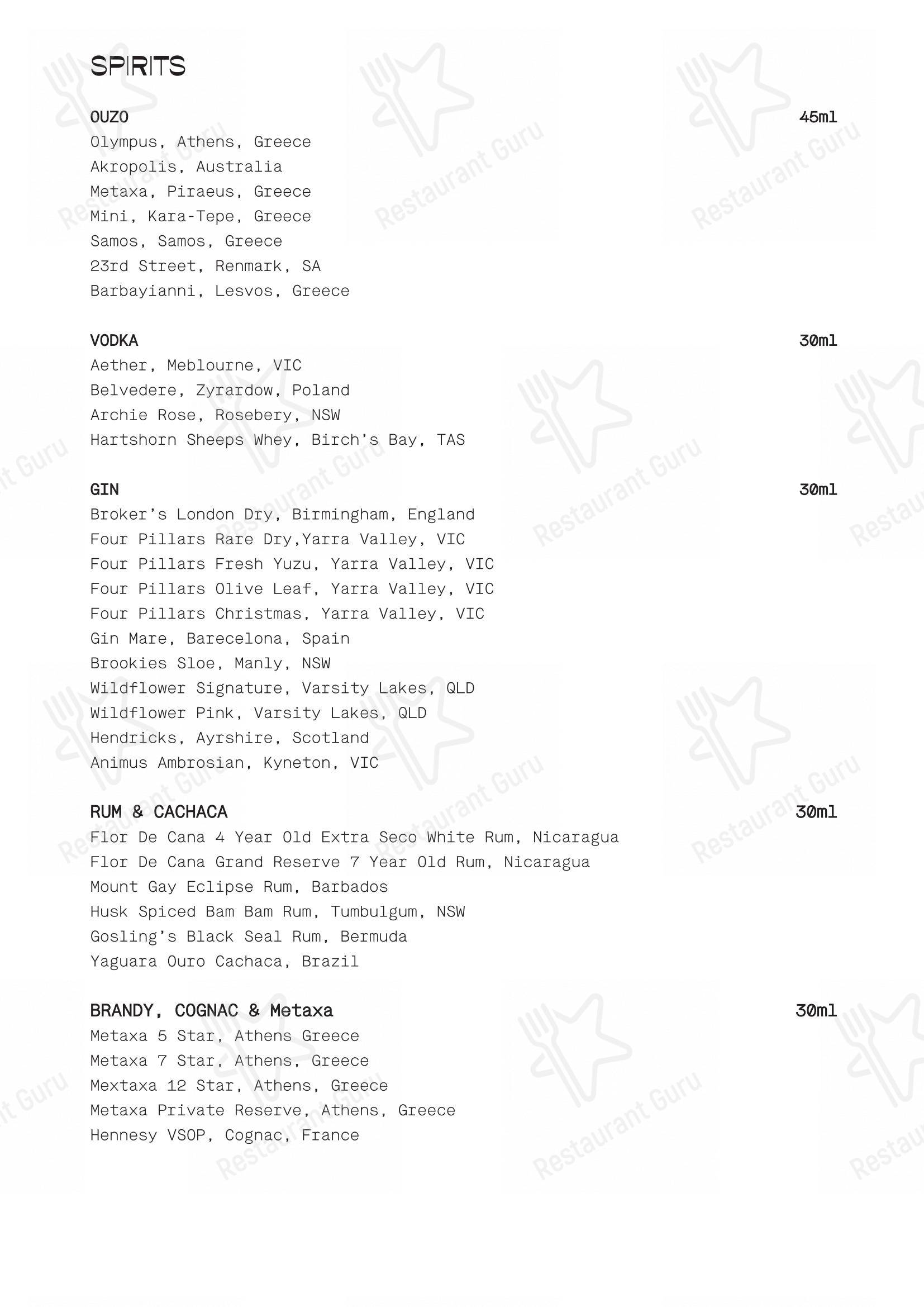 Menu at GRECA restaurant, Brisbane City