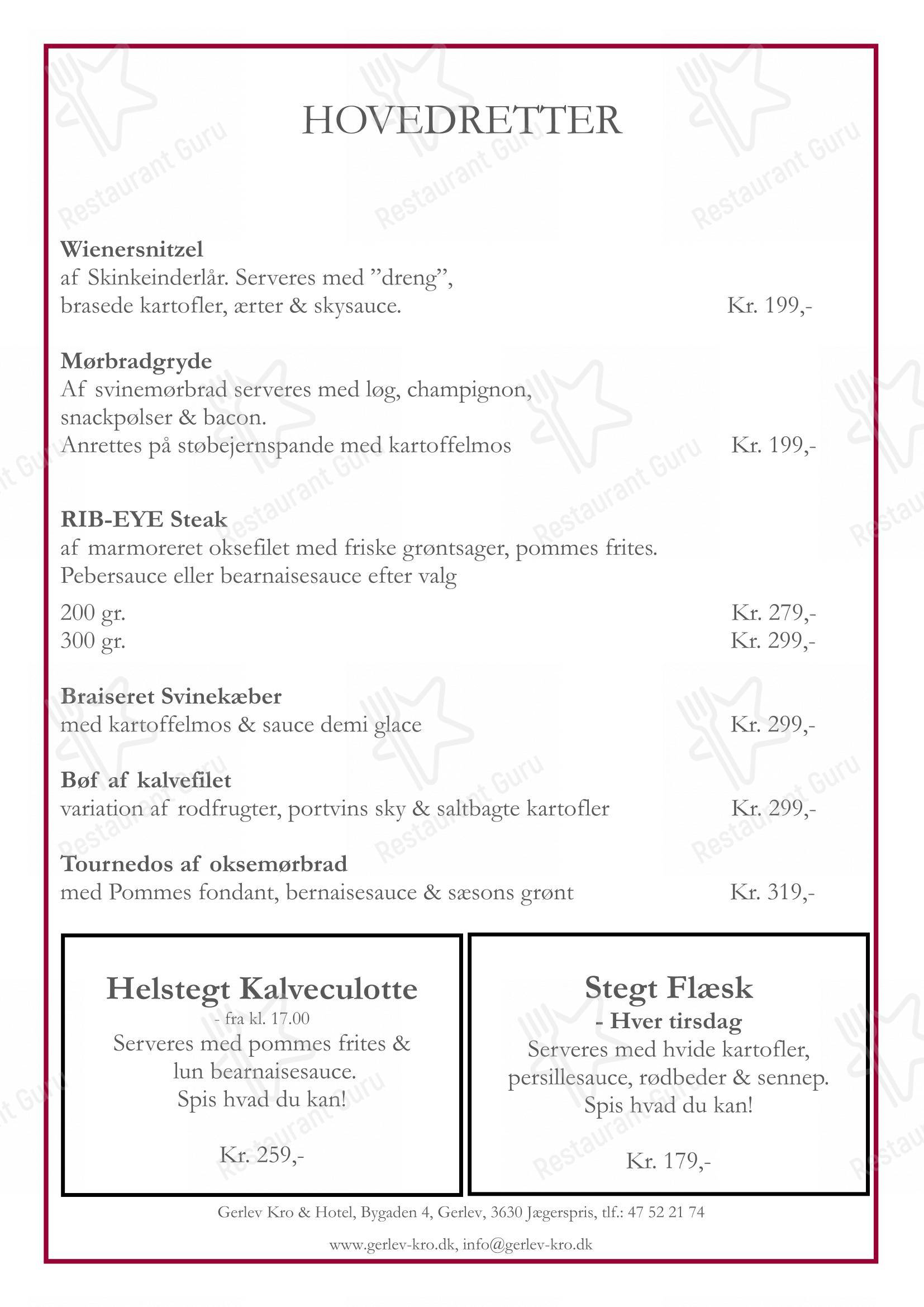 Menu at Gerlev Kro og Hotel restaurant, Denmark