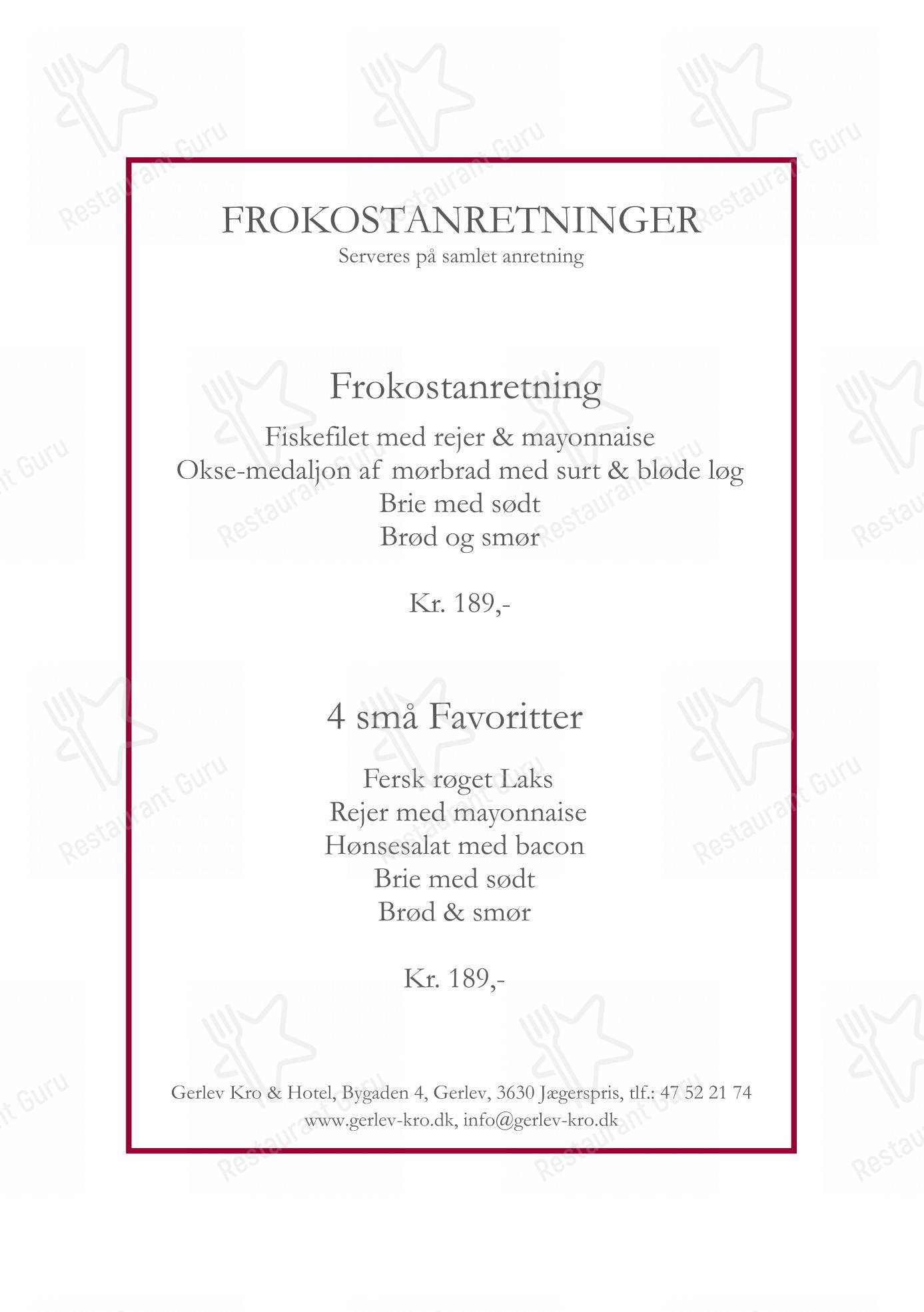 Menu at Gerlev Kro og Hotel restaurant, Denmark