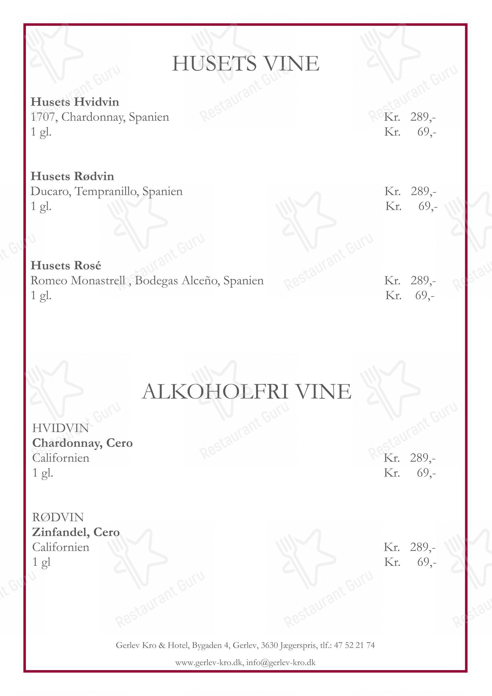 Menu at Gerlev Kro og Hotel restaurant, Denmark