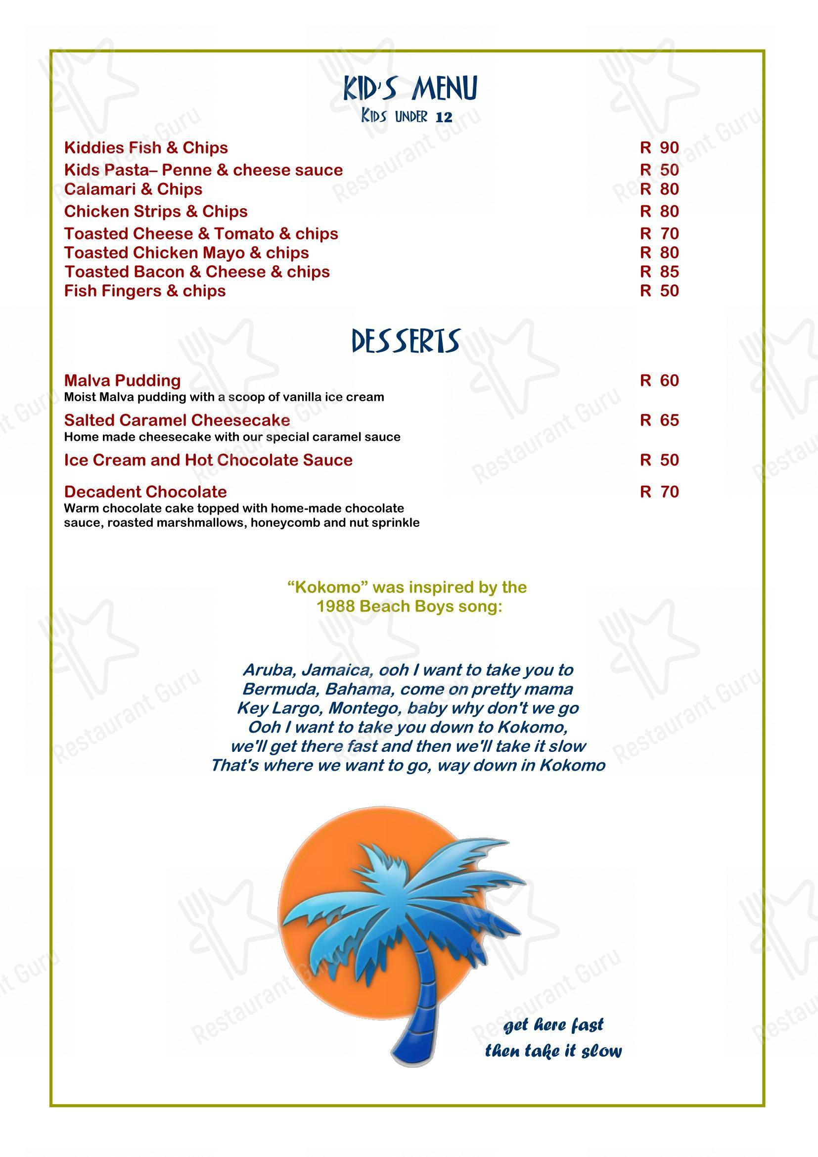Menu at Kokomo Beach Bar & Restaurant, Langebaan