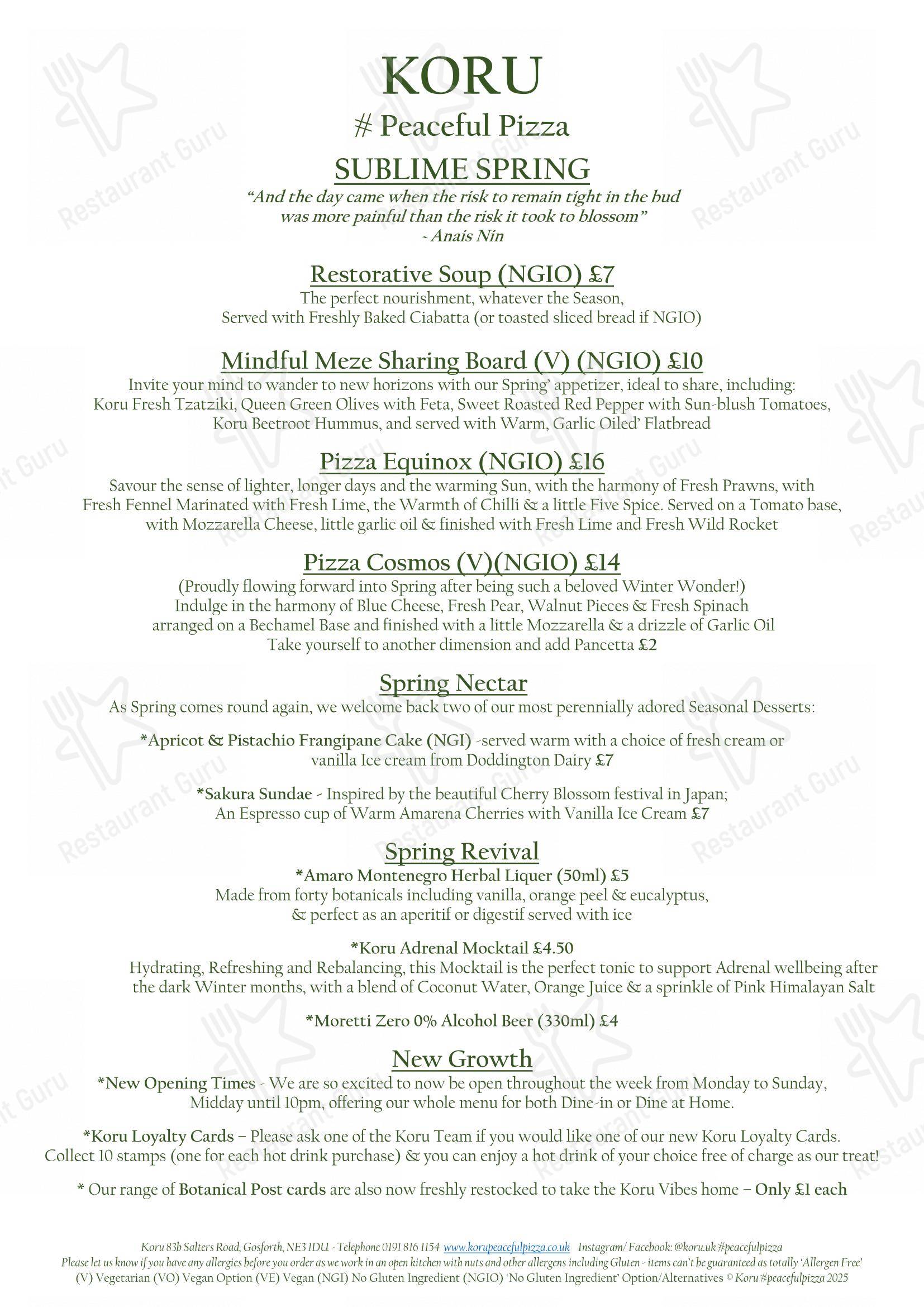 Menu at Koru Peaceful Pizza restaurant, Newcastle upon Tyne