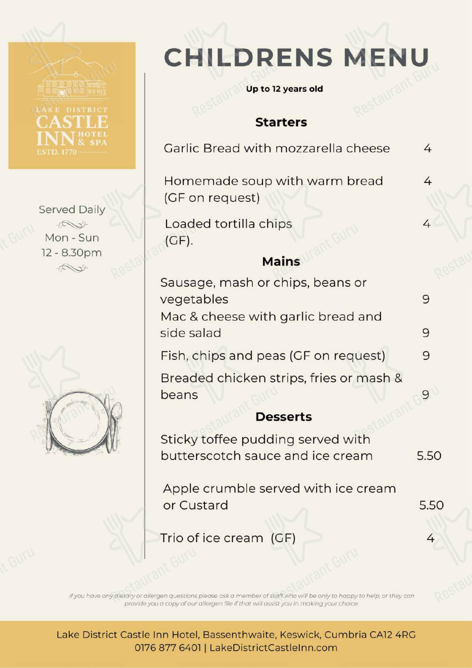 Menu at Lake district Castle Inn Hotel pub & bar, Bassenthwaite
