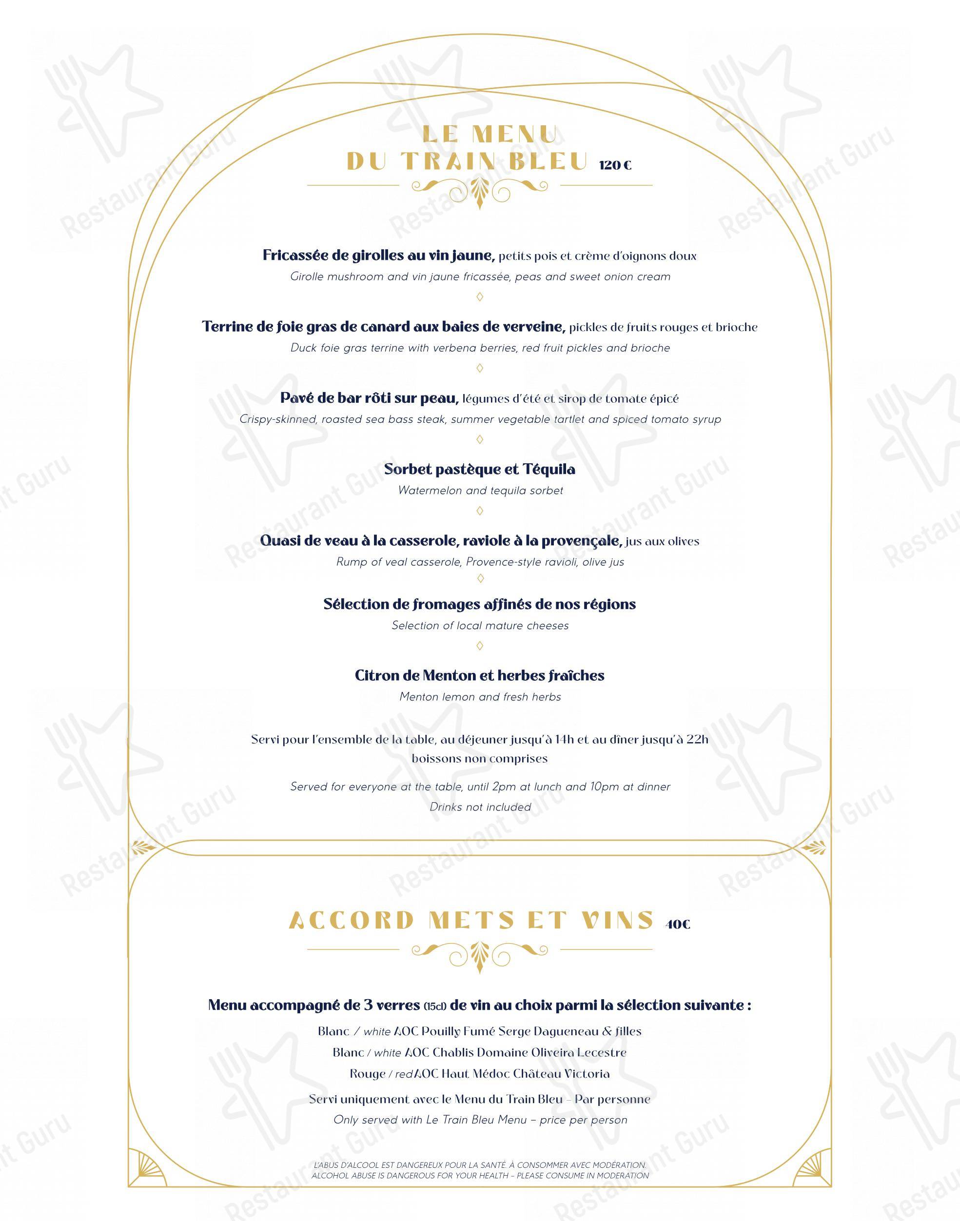 Menu at Le Train Bleu restaurant, Paris, Gare de Lyon