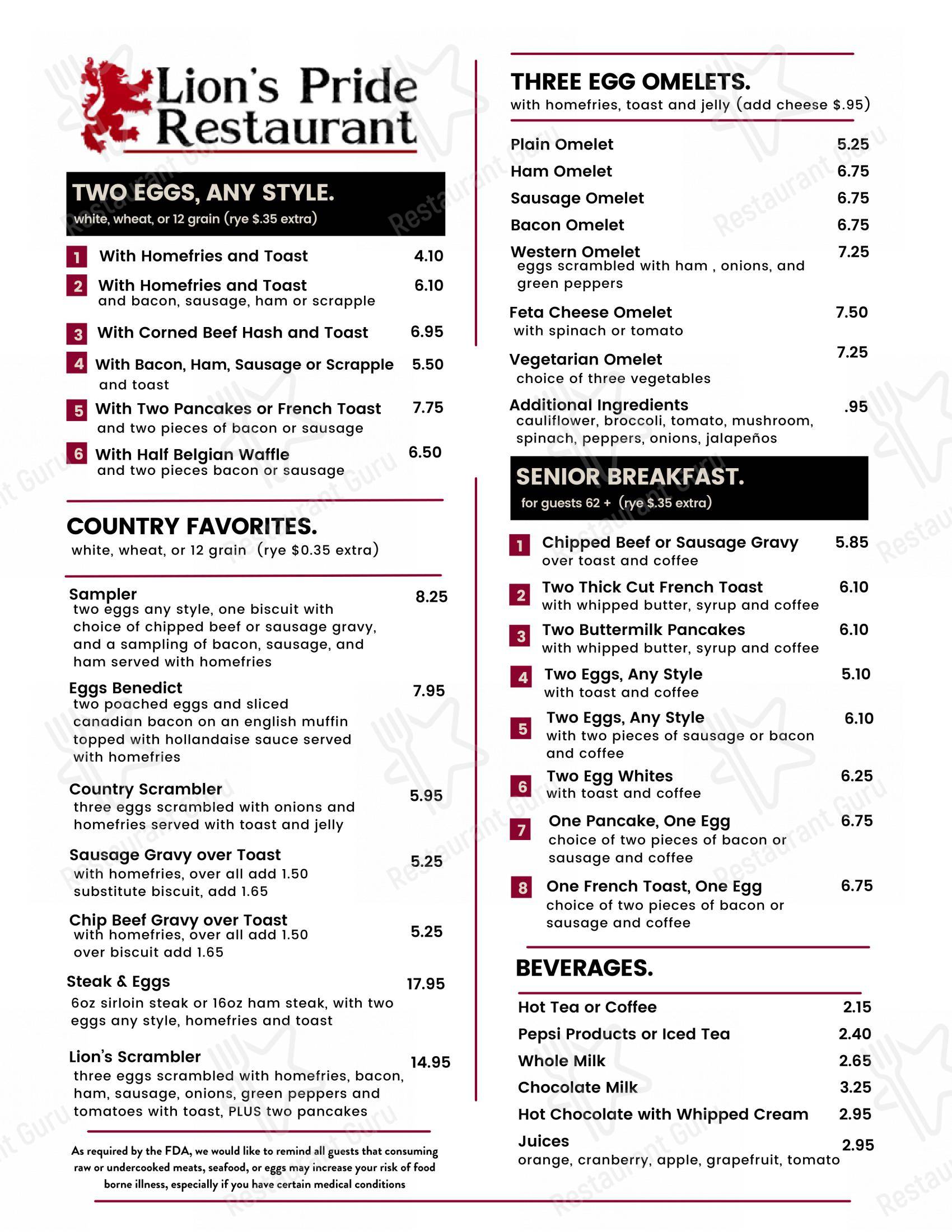 Menu at Lion's Pride Restaurant, Red Lion