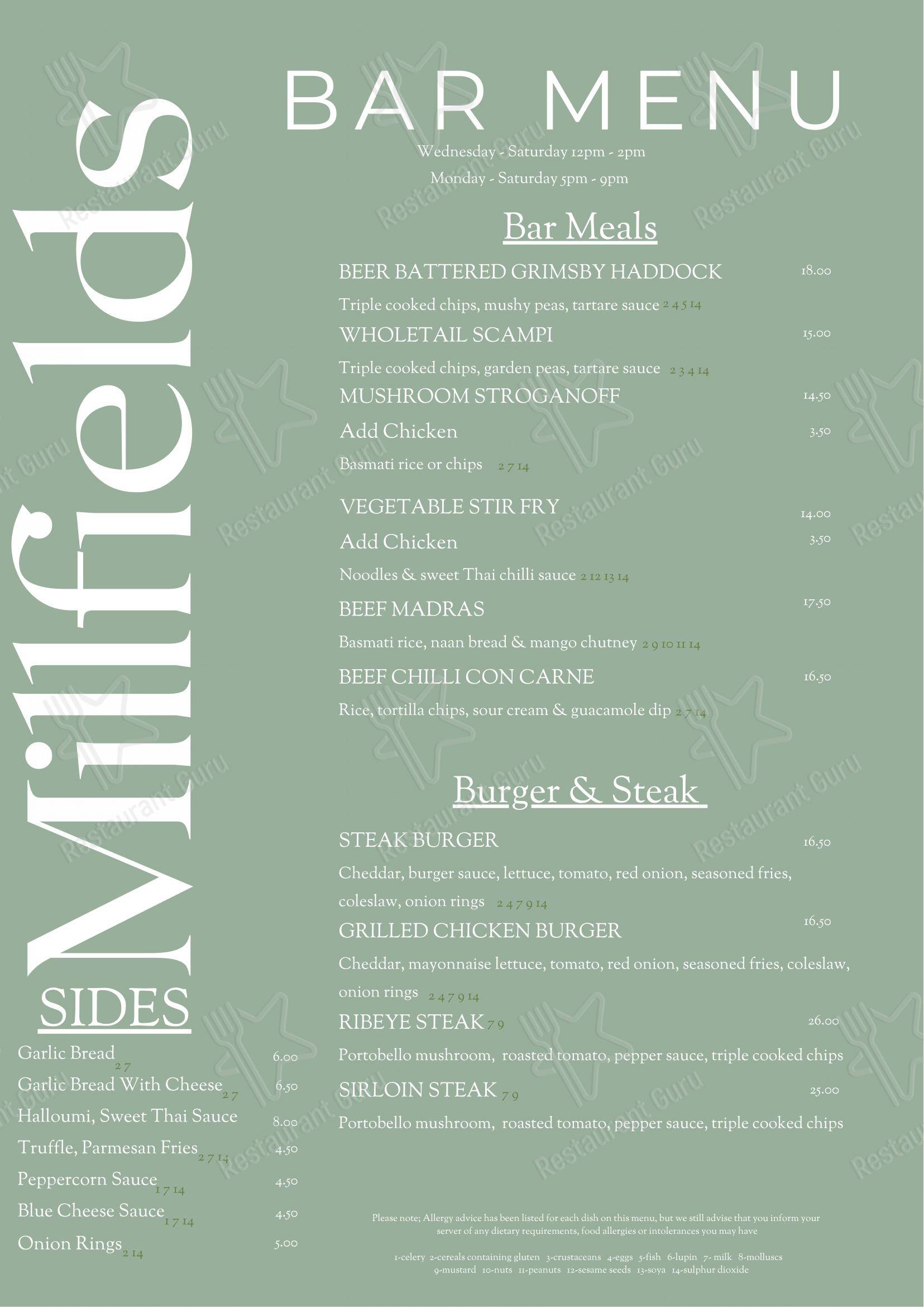 Menu at Millfields Hotel pub & bar, Grimsby