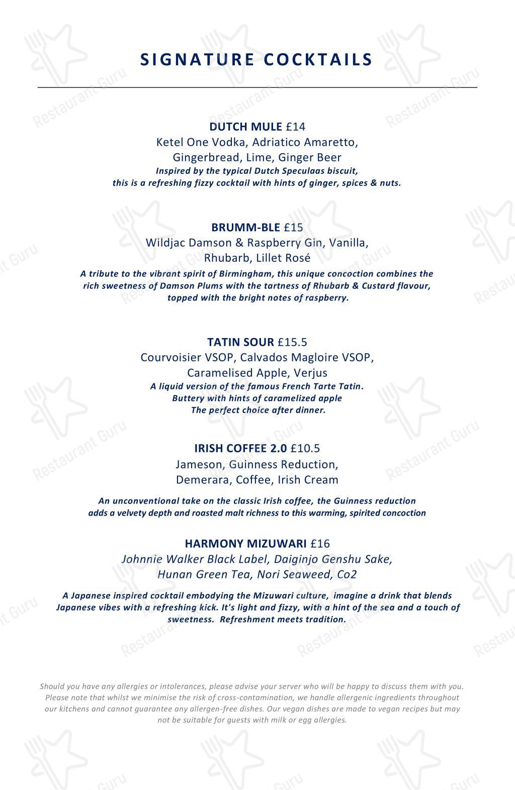 Menu at Orelle restaurant, Birmingham