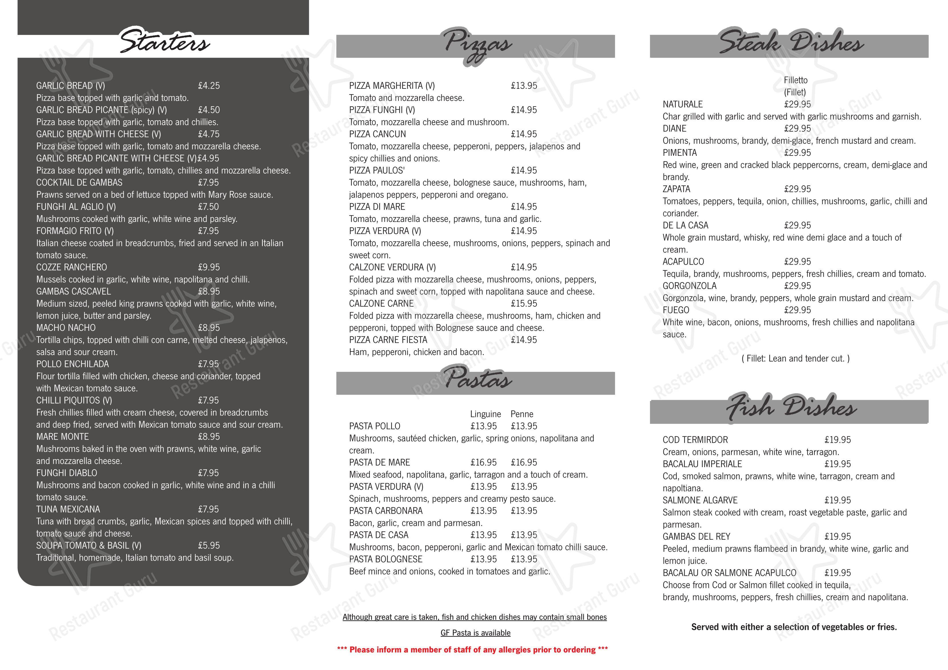 Menu at Paulos Restaurant, Dinnington