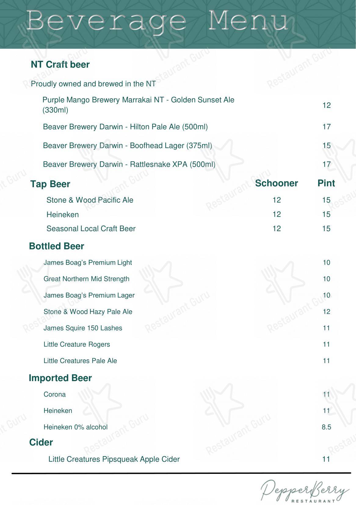 Menu at PepperBerry Restaurant, Darwin City