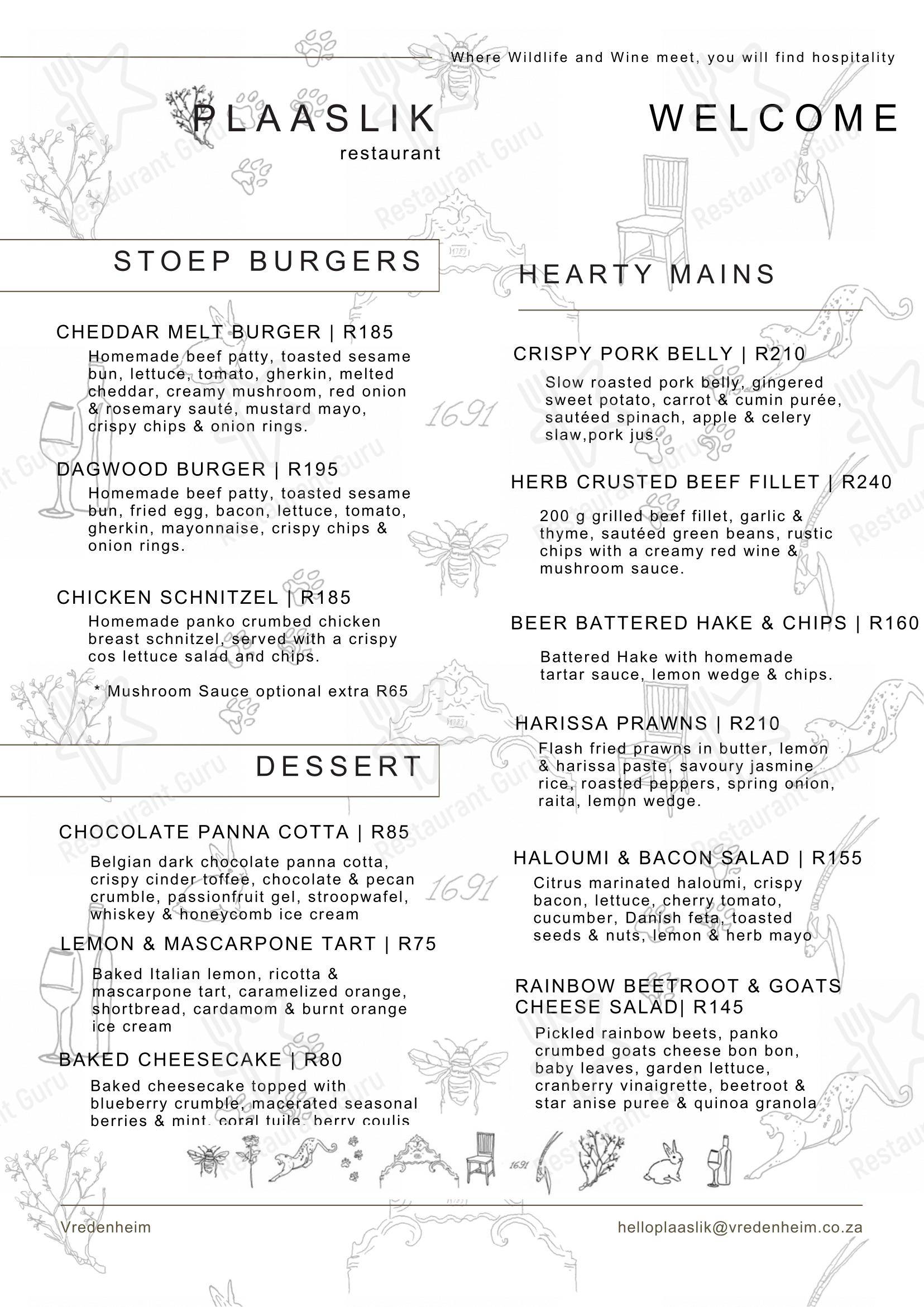 Menu bij Plaaslik Restaurant & Venues, Vredenheim, Zuid-Afrika