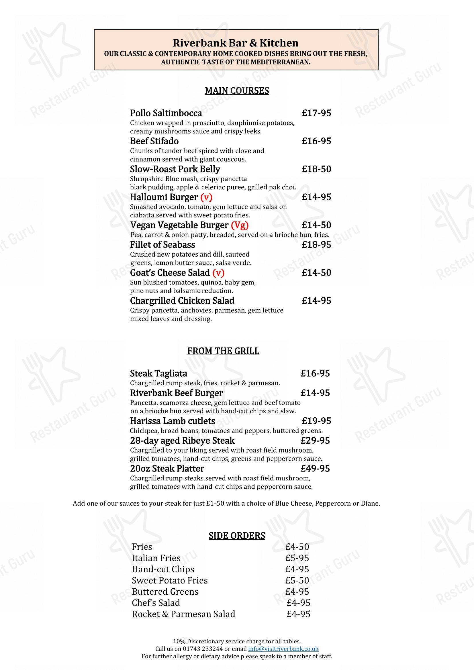 Menu at Riverbank Bar + Kitchen, Shrewsbury