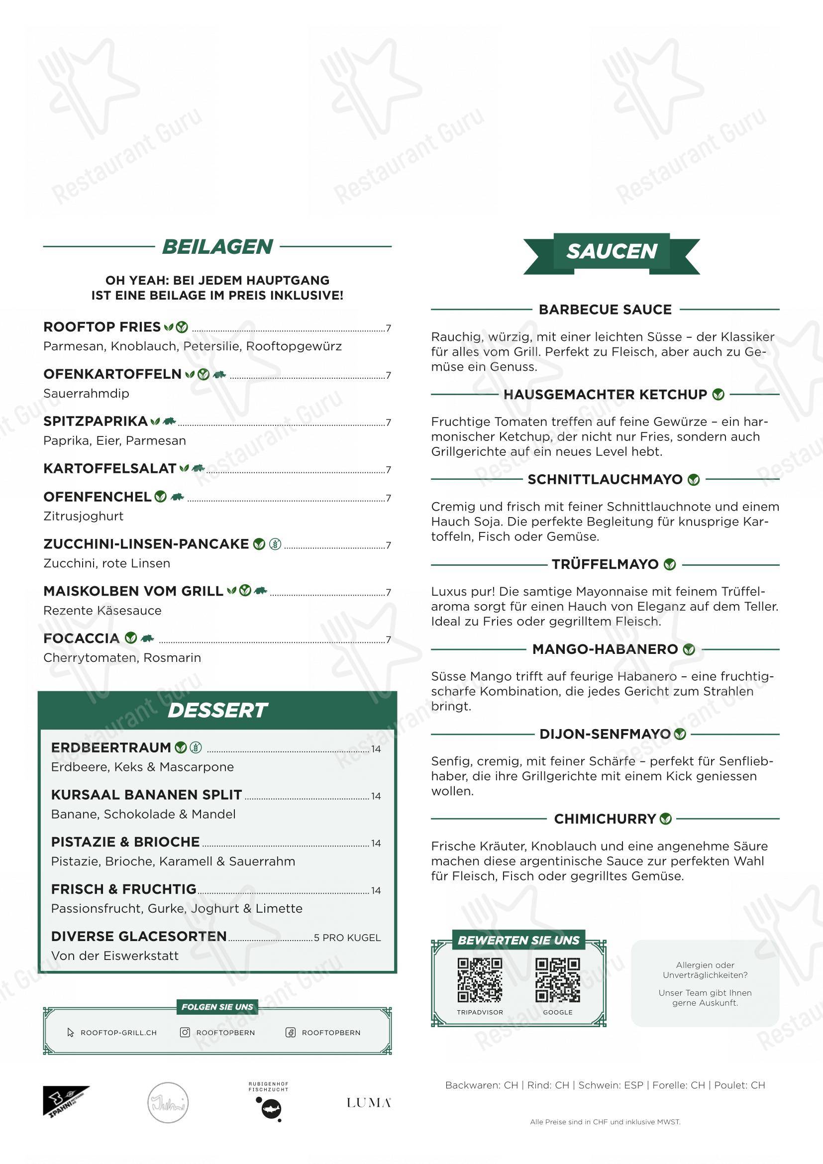Menu at Rooftop Grill, Bern
