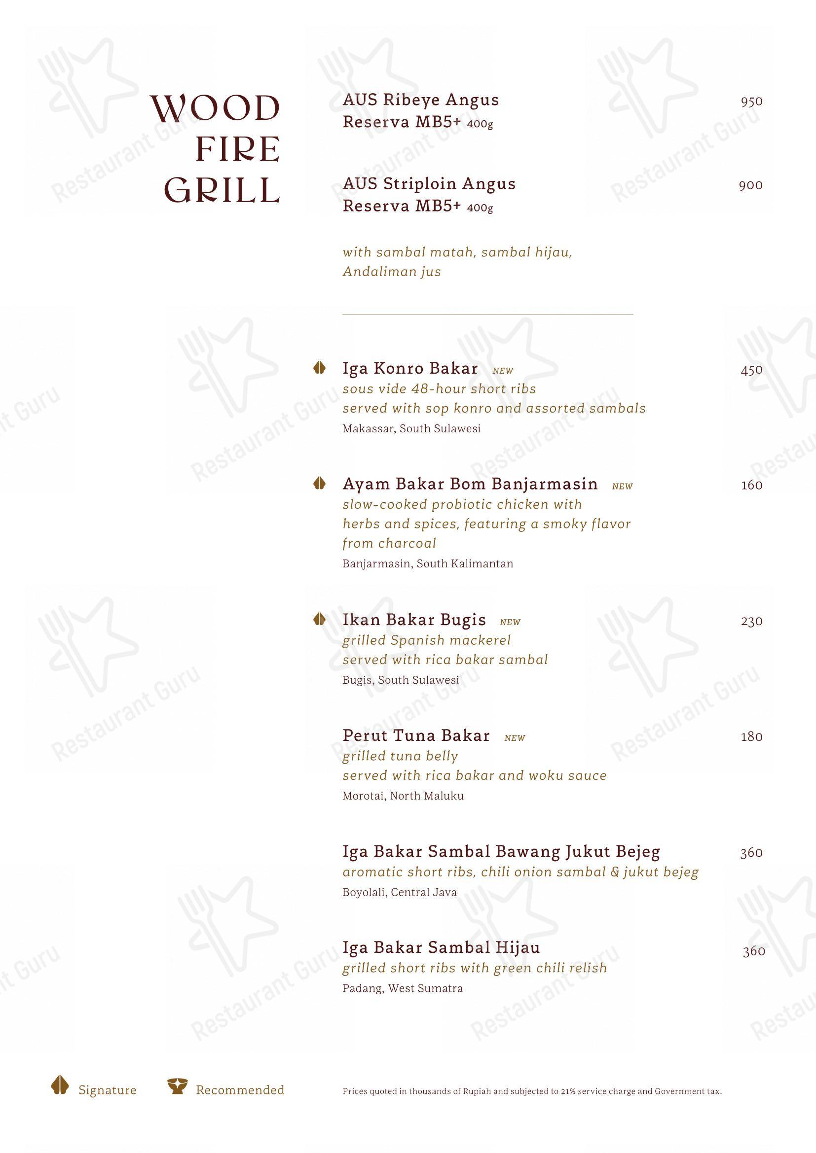 Menu at SEMAJA Menteng restaurant, Jakarta