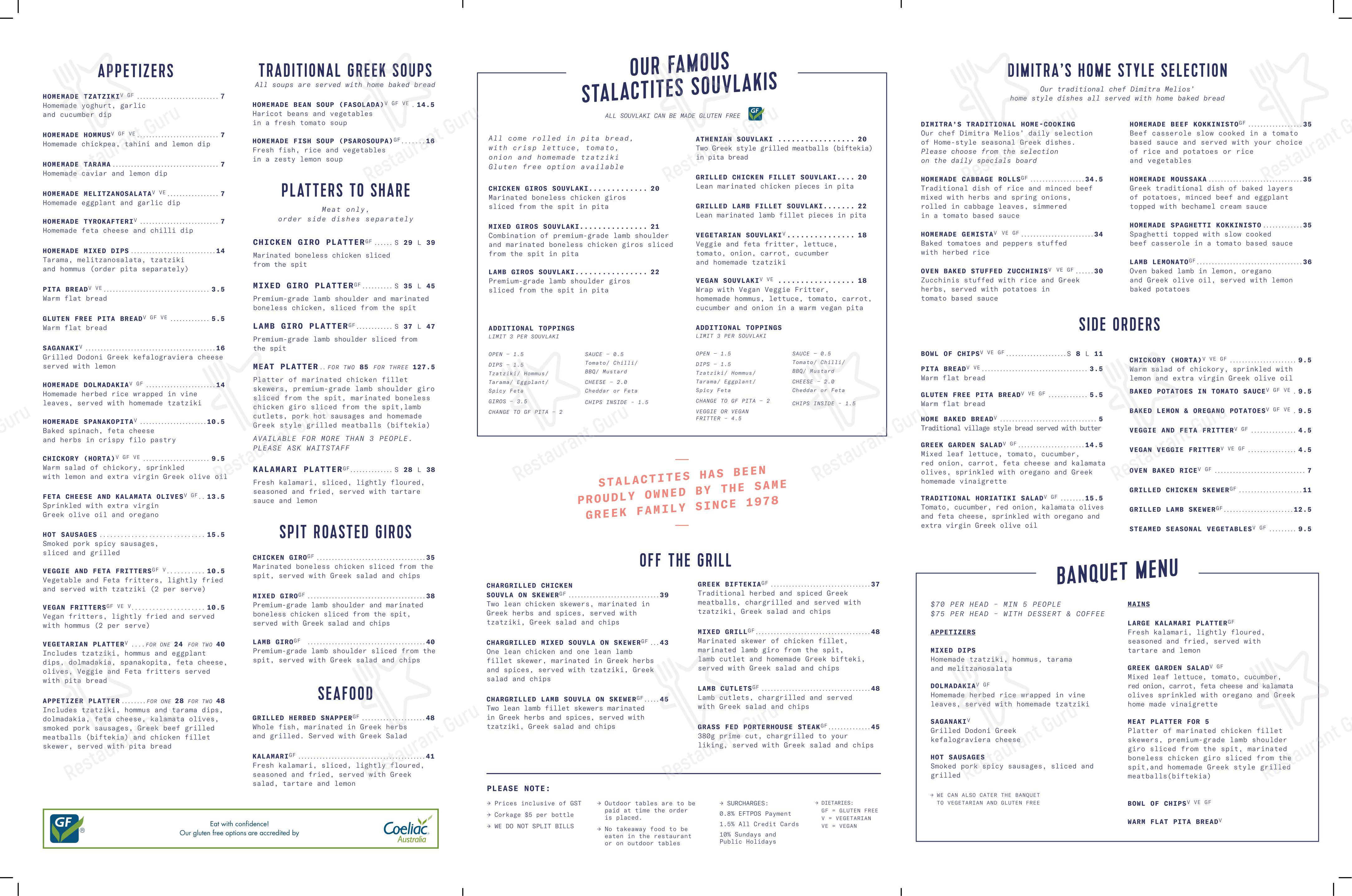 Menu at Stalactites Restaurant, Melbourne