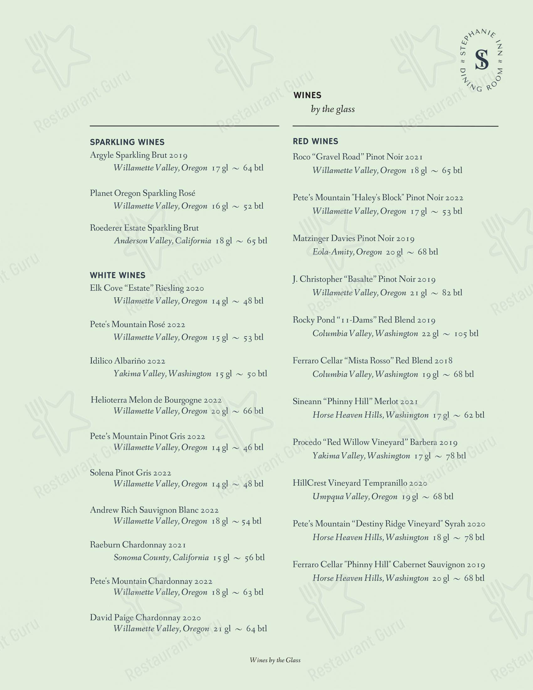 Menu at Stephanie Inn & Dining Room restaurant, Cannon Beach