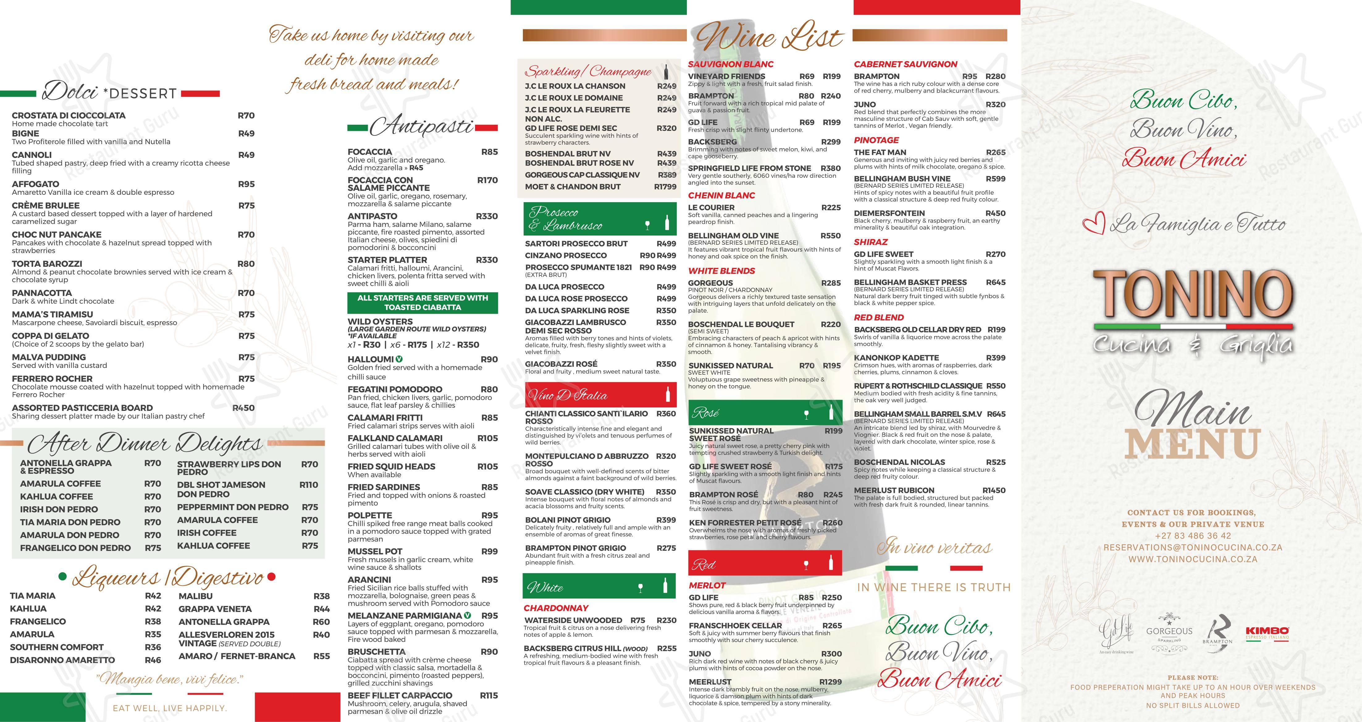 Menu at TONINO CUCINA BENONI restaurant, Benoni