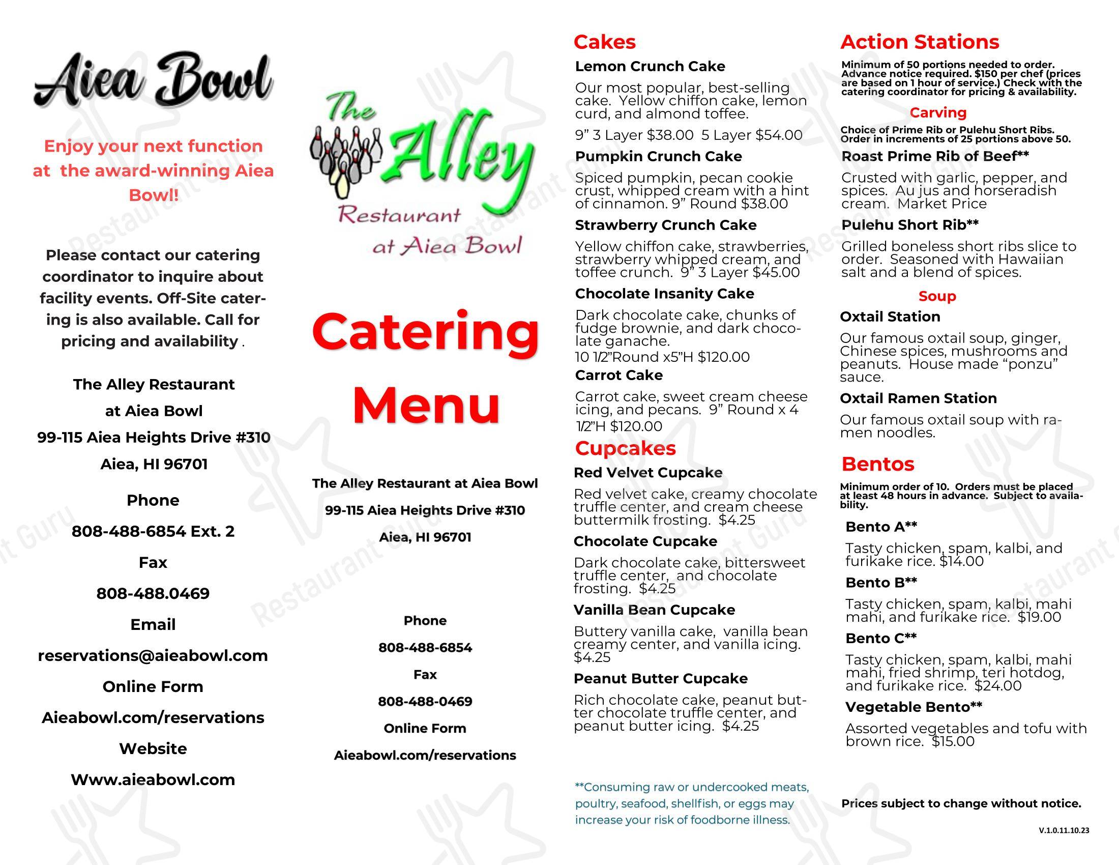 Menu at The Alley Restaurant at Aiea Bowl, Aiea