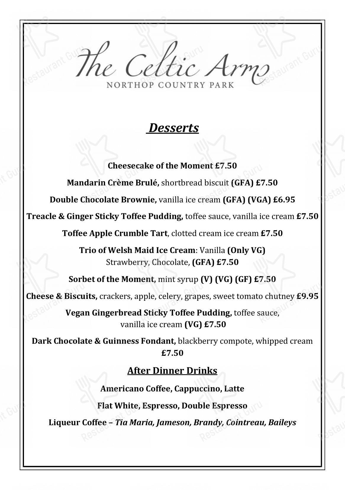 Menu at The Celtic Arms restaurant, Mold