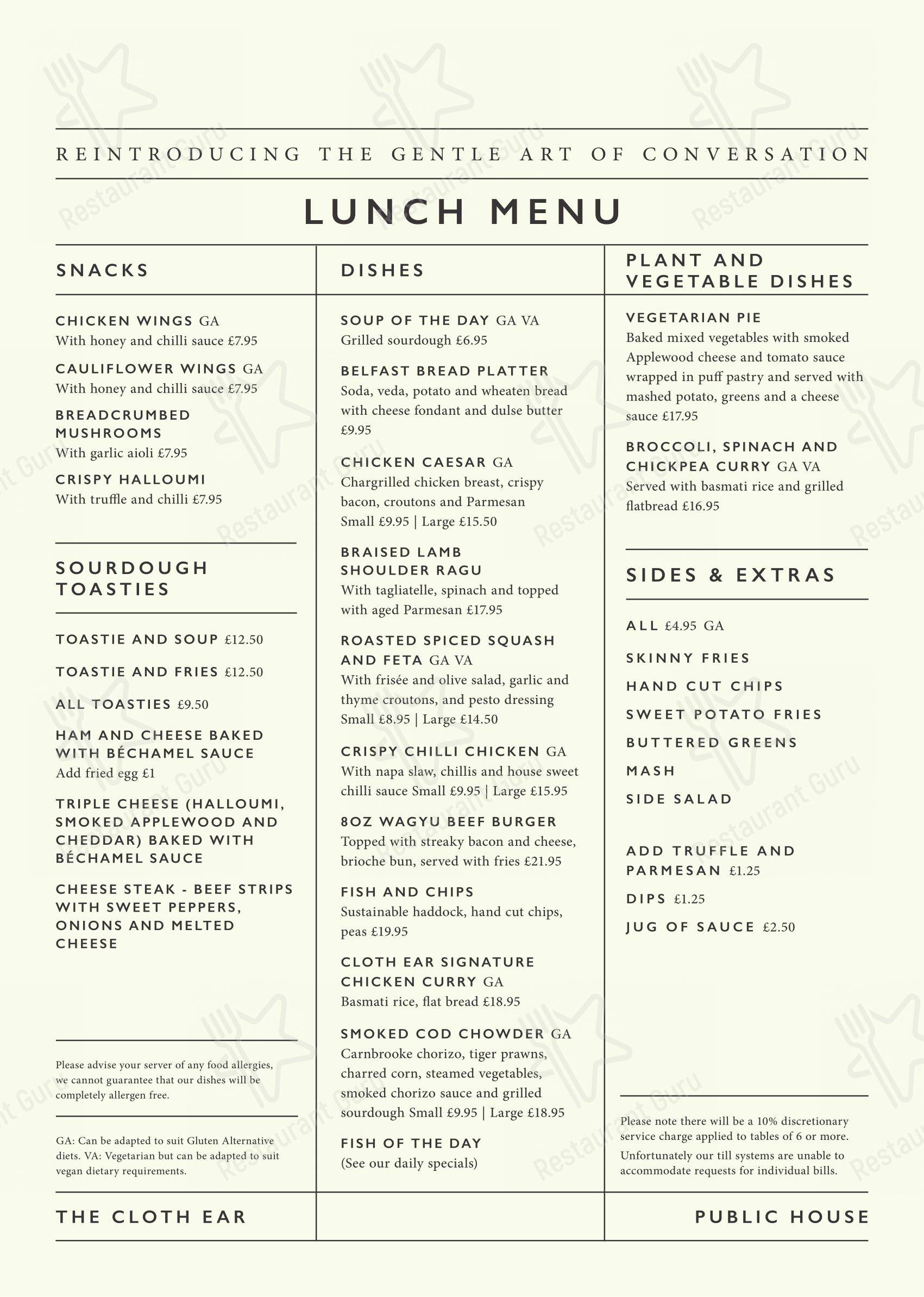 Menu at The Cloth Ear pub & bar, Belfast