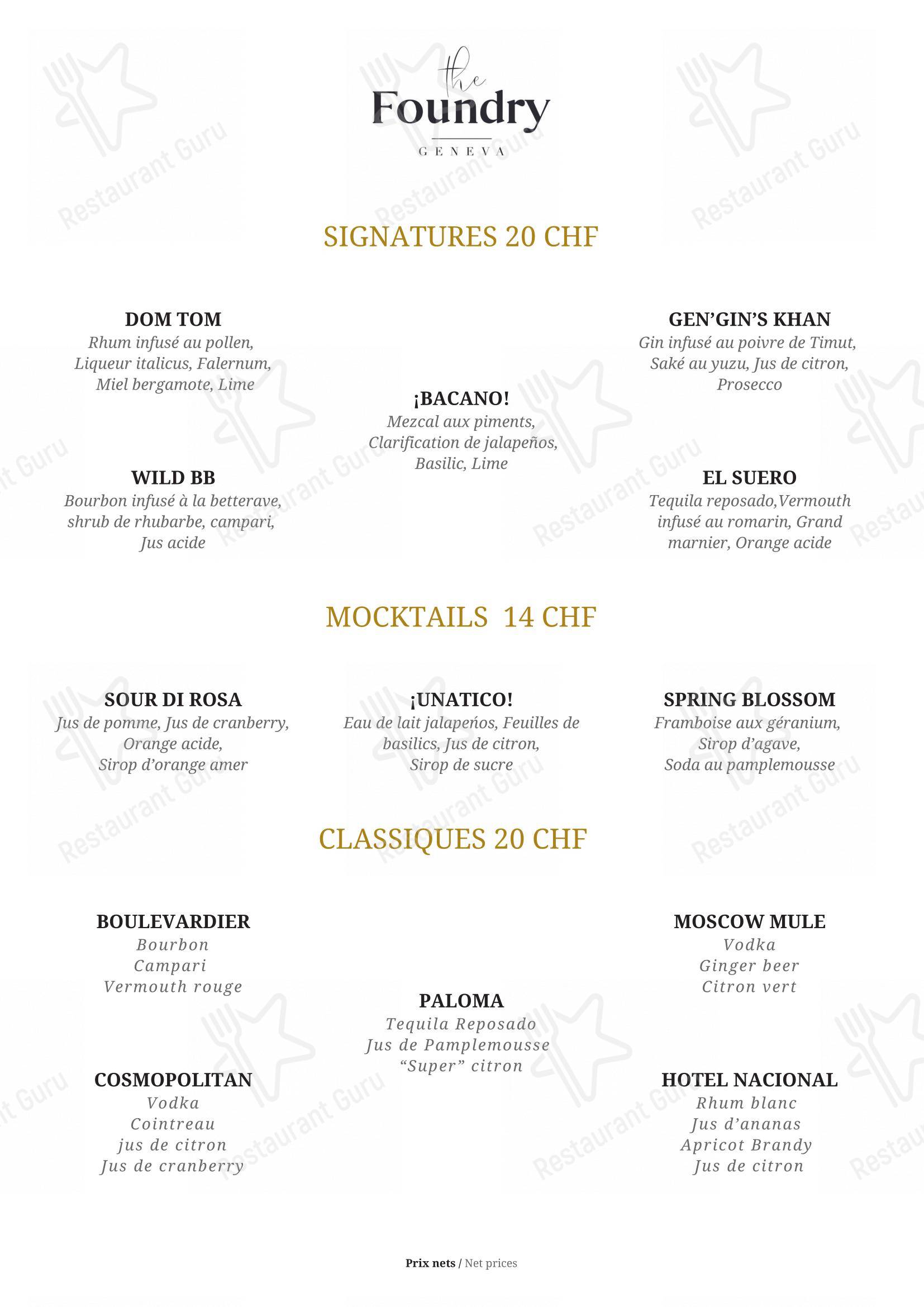 Menu at The Foundry Restaurant, Bar and Terrace., Geneva