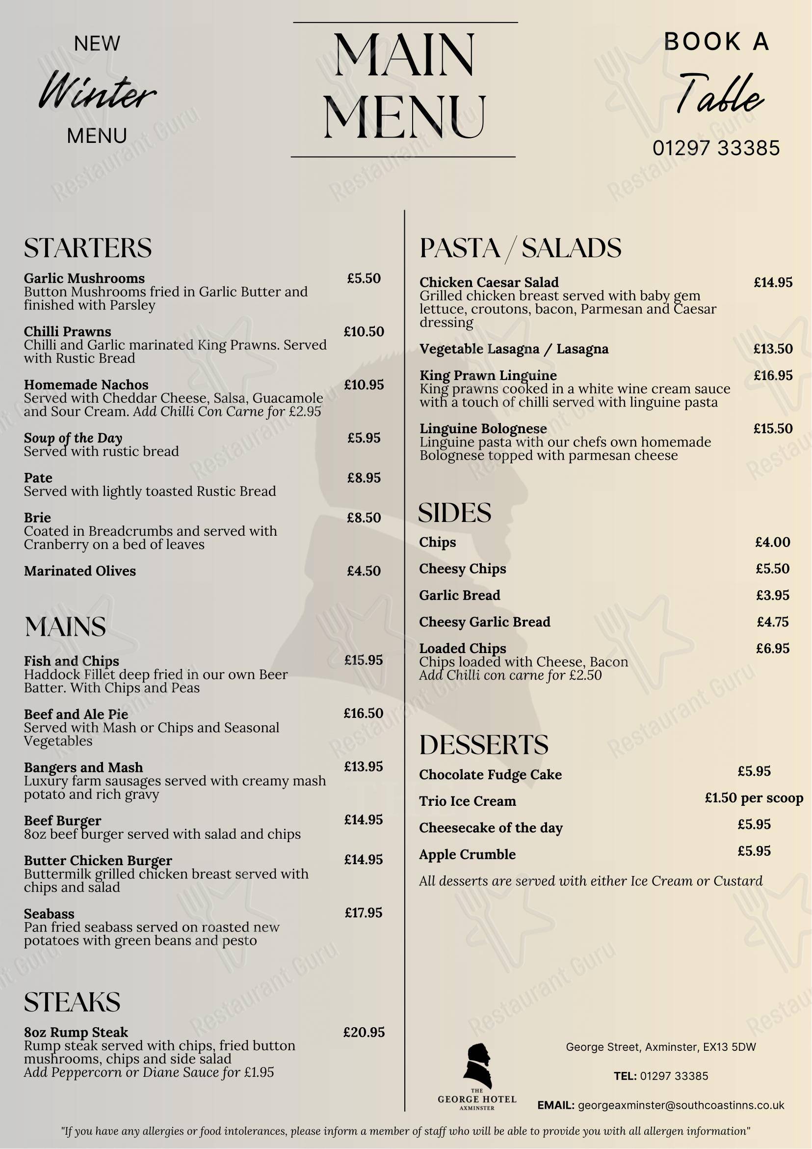Menu at The George Hotel pub & bar, Axminster, George St