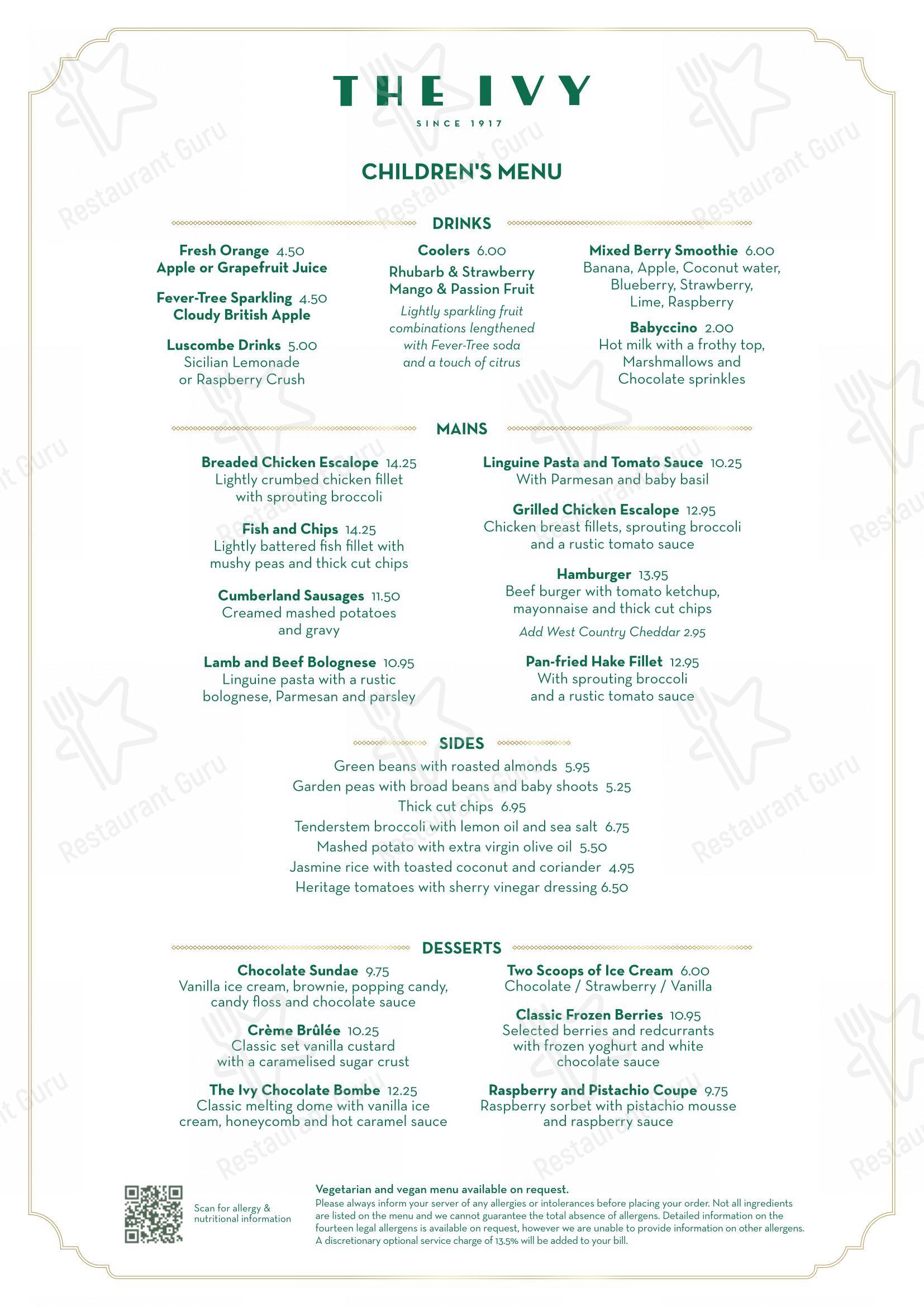 Menu at The Ivy Belfast Brasserie restaurant, Belfast