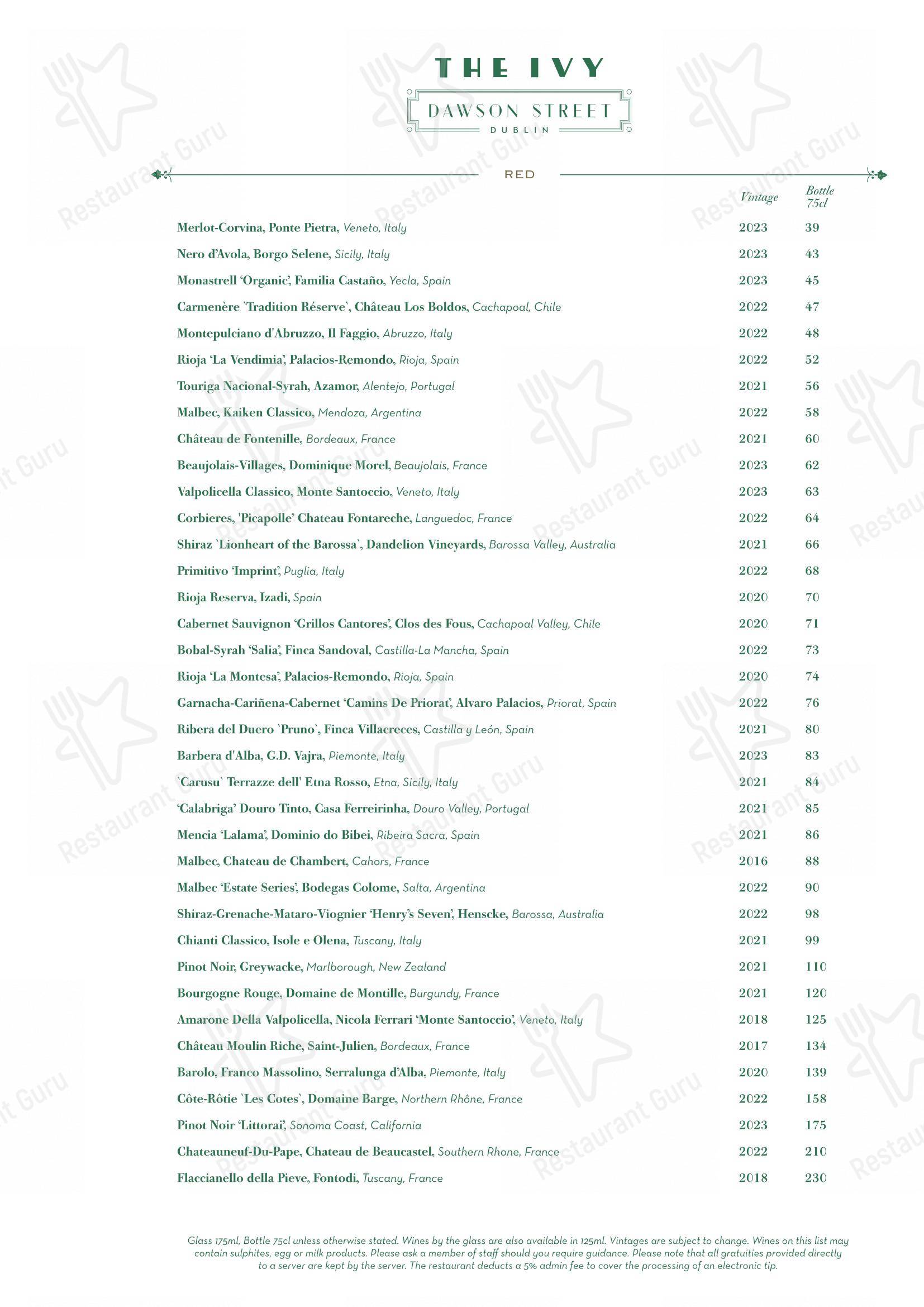 Menu at The Ivy Richmond Brasserie restaurant, Richmond, 9-11 Hill St