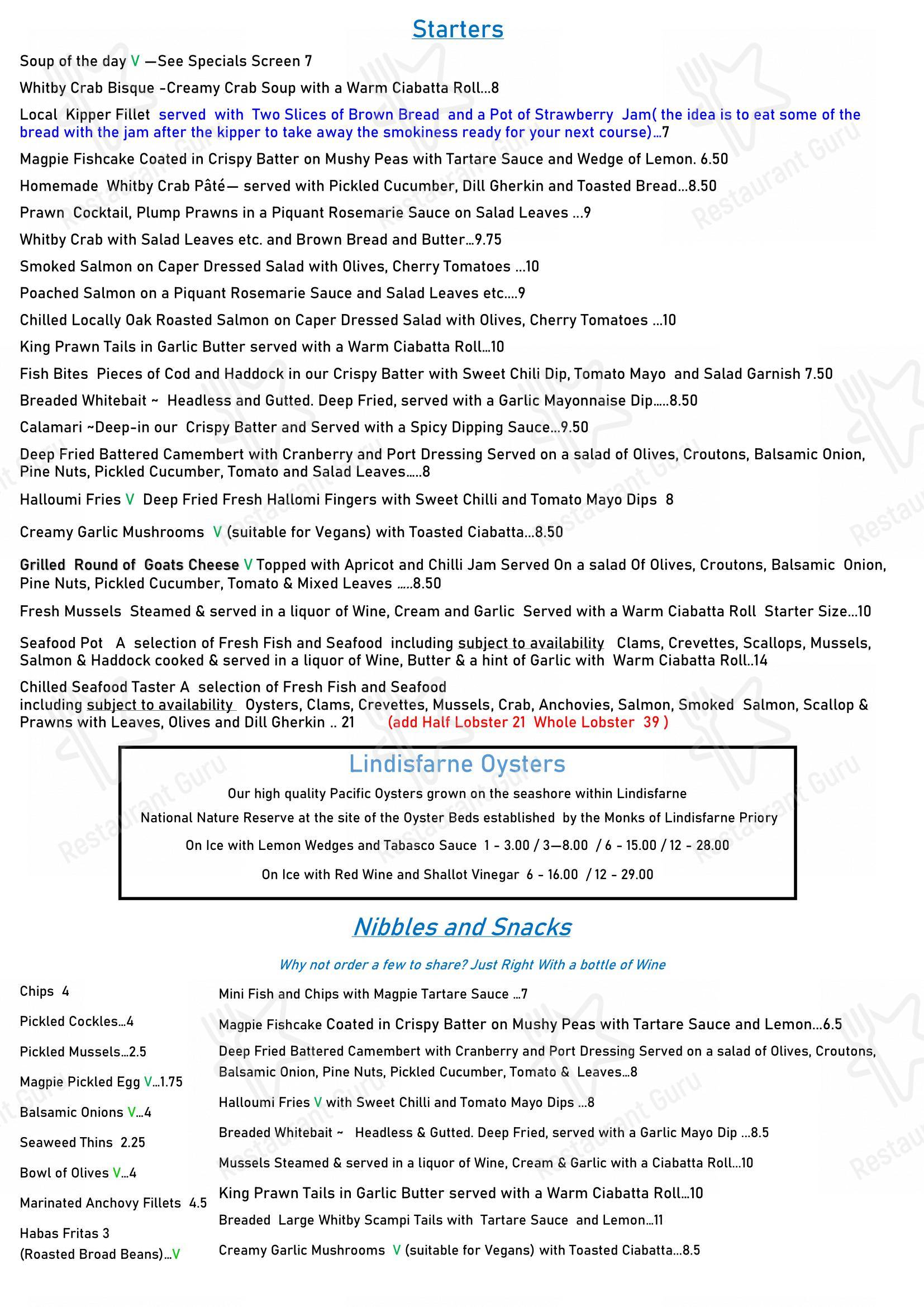 Menu at The Magpie Café restaurant, Whitby